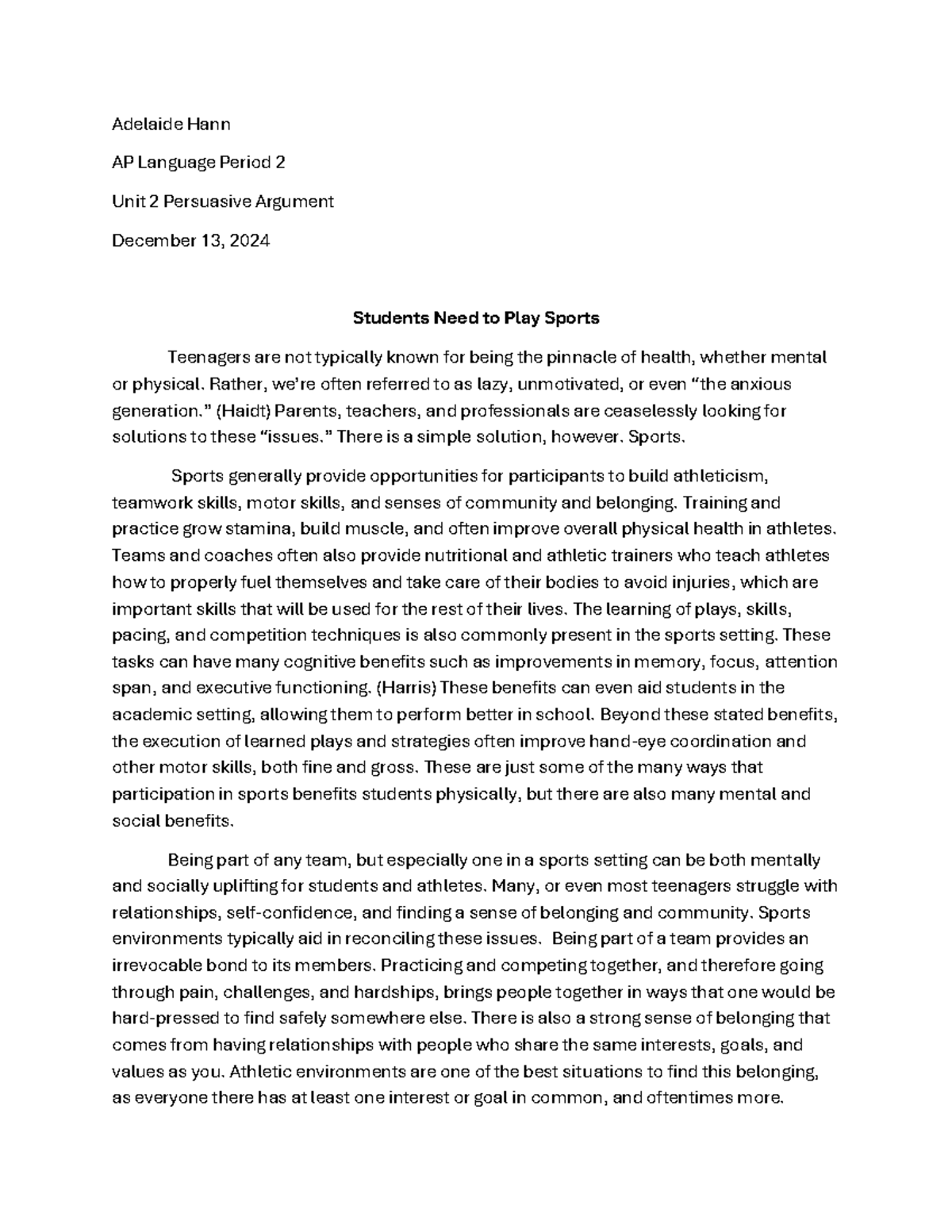 Persuasive Argument - Adelaide Hann AP Language Period 2 Unit 2 ...