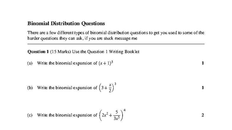 Binomial Distribution Questions - Worksheet for Practice - Studocu