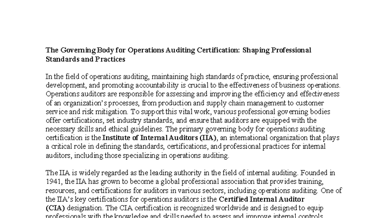 Operations Auditing Certification: Standards & Practices Overview - Studocu