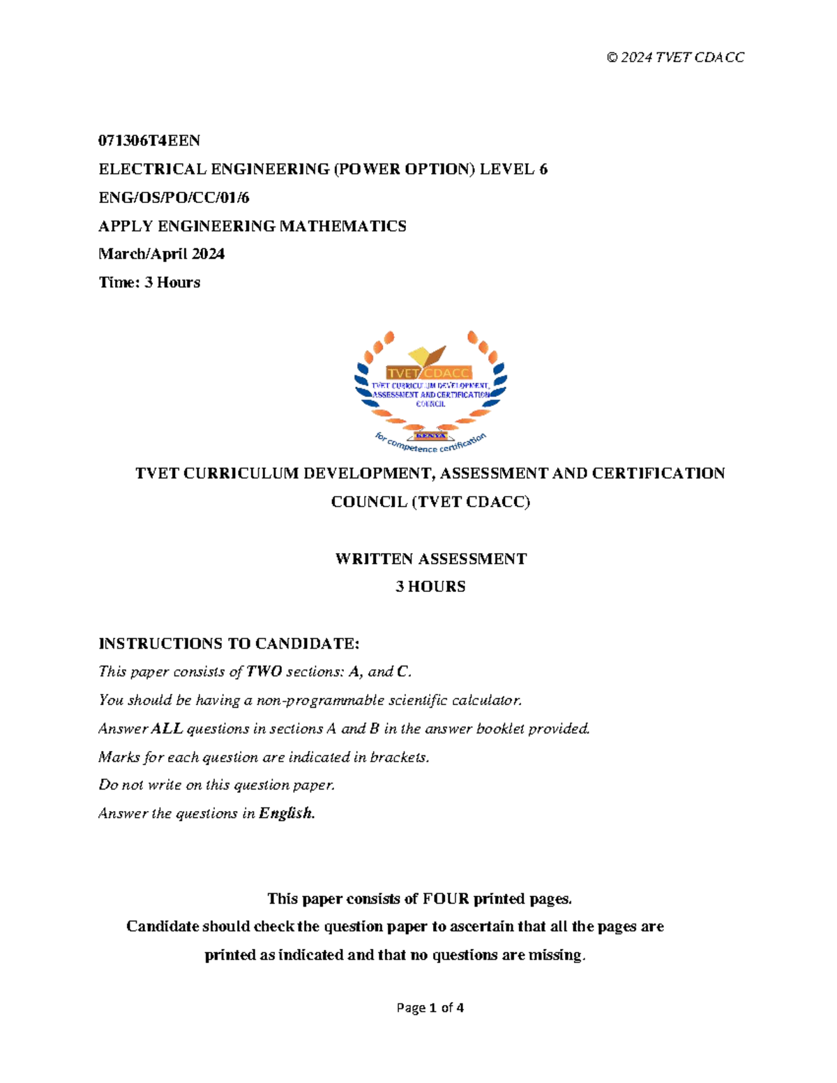 2024 TVET CDACC 071306T4EEN Level 6 Engineering Mathematics Exam - Studocu