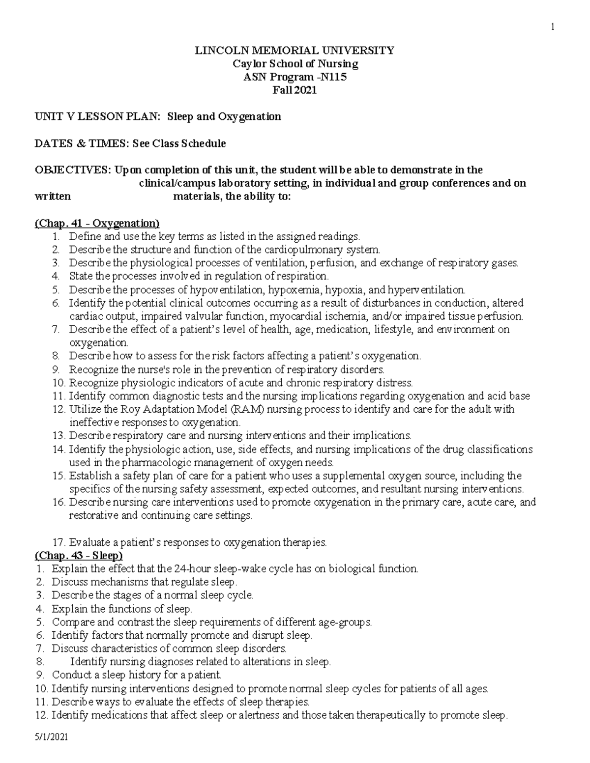 Nursing 115 Unit V Lesson Plan: Oxygenation & Sleep - Fall 2021 - Studocu