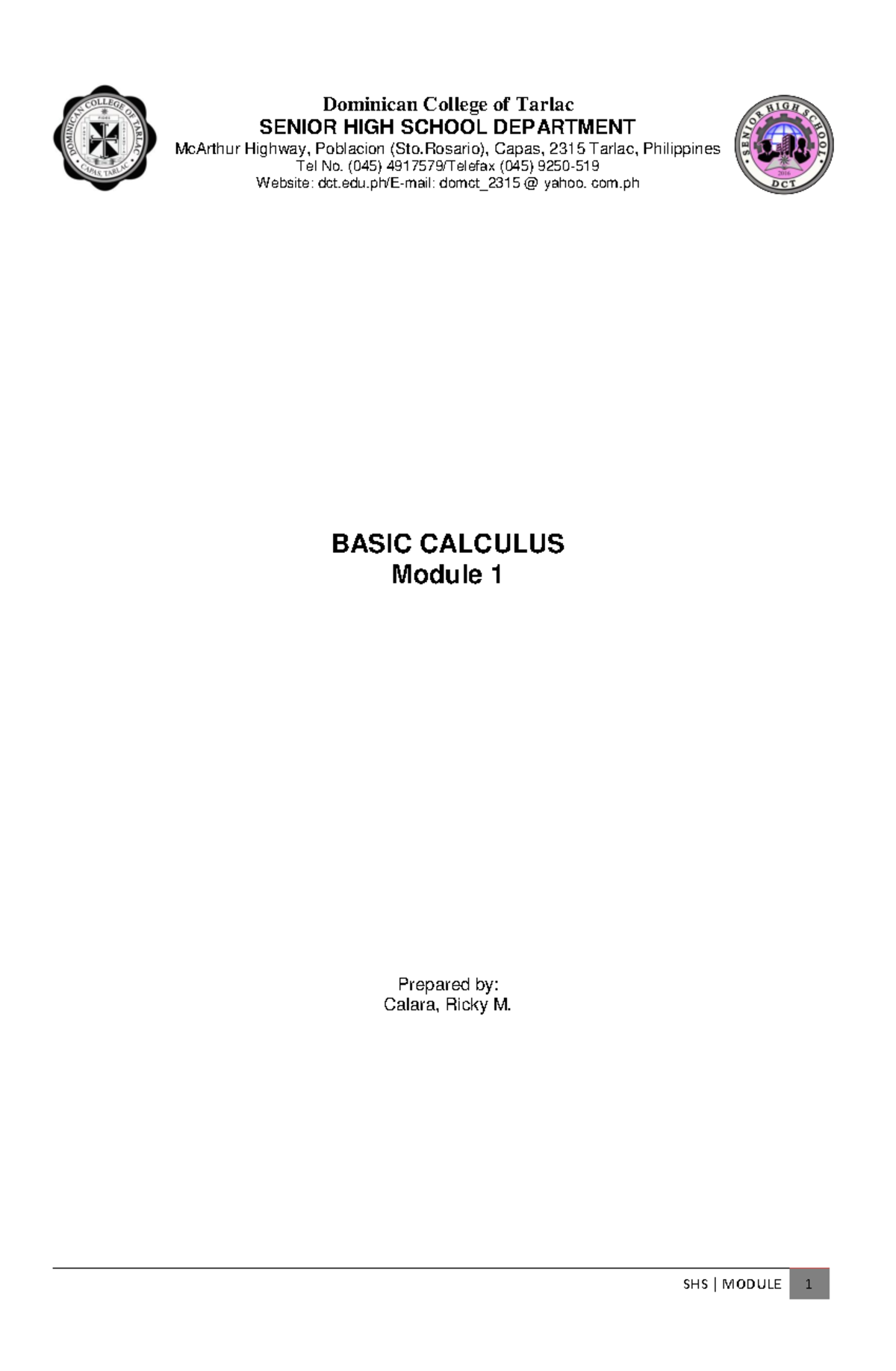 Basic Calculus Module 1 - Week one to four - Dominican College of ...