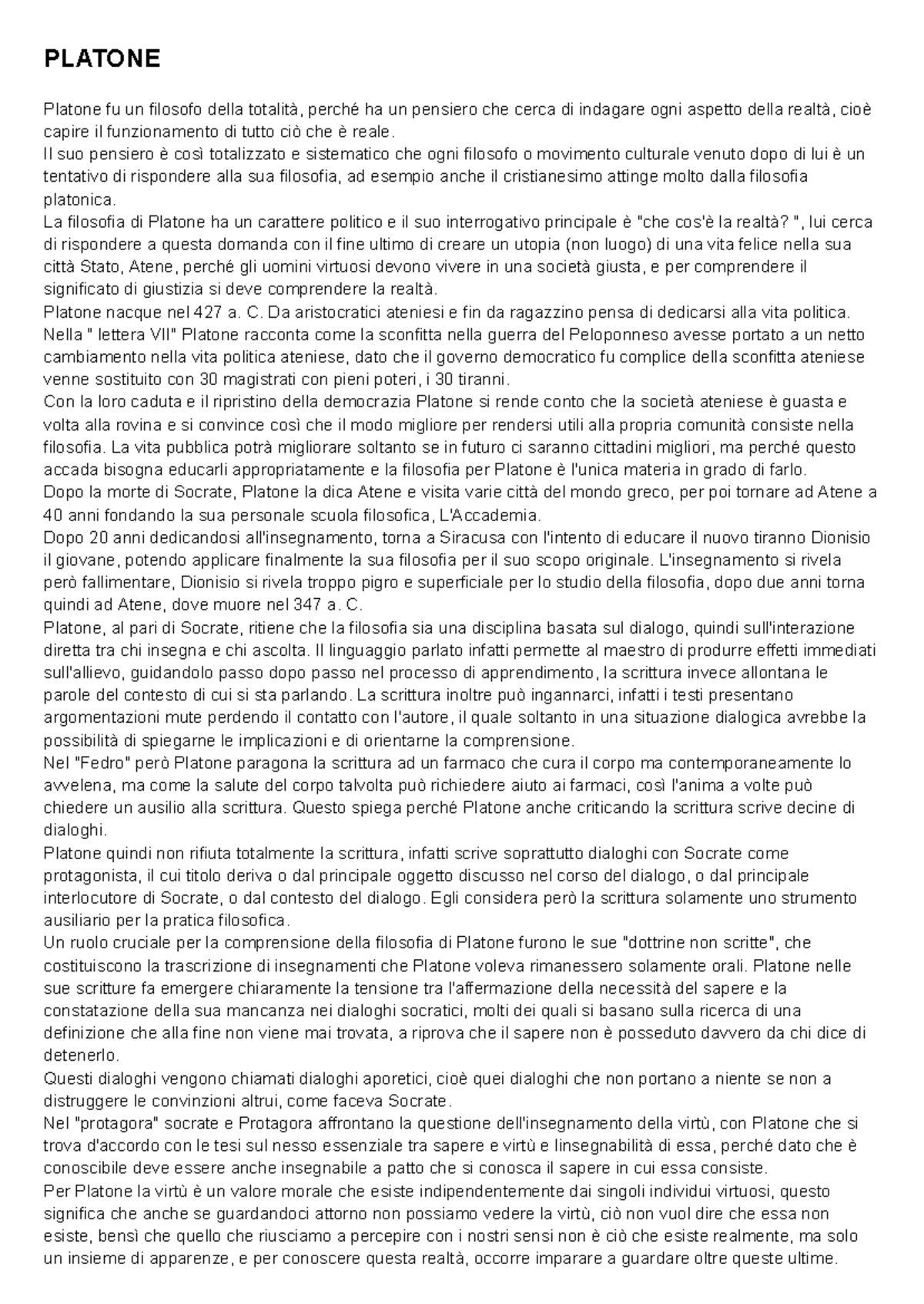 PLATONE: Filosofia della Totalità e Teoria delle Idee - Studocu