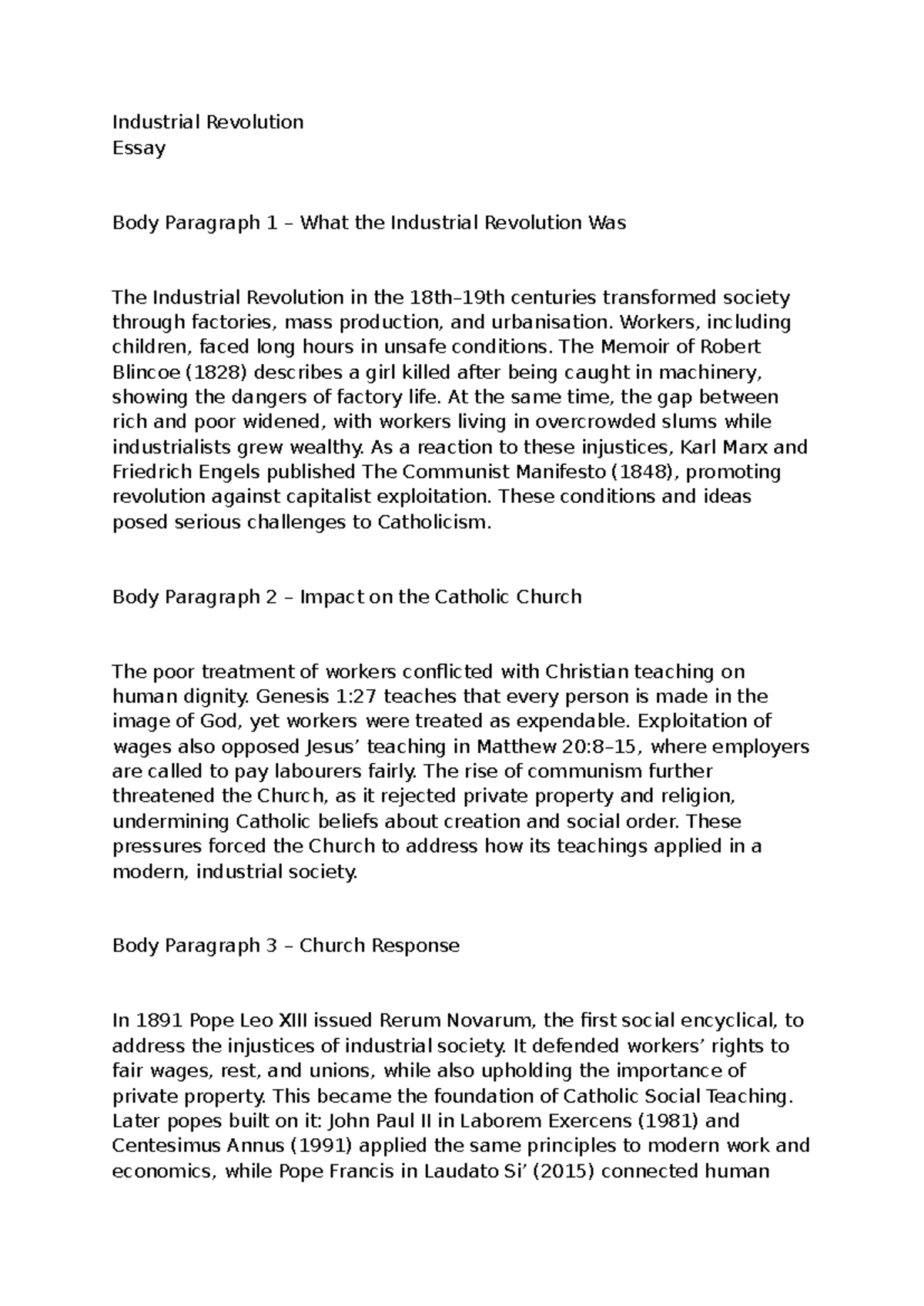 Industrial Revolution Essay: Impact on Society and the Church - Studocu