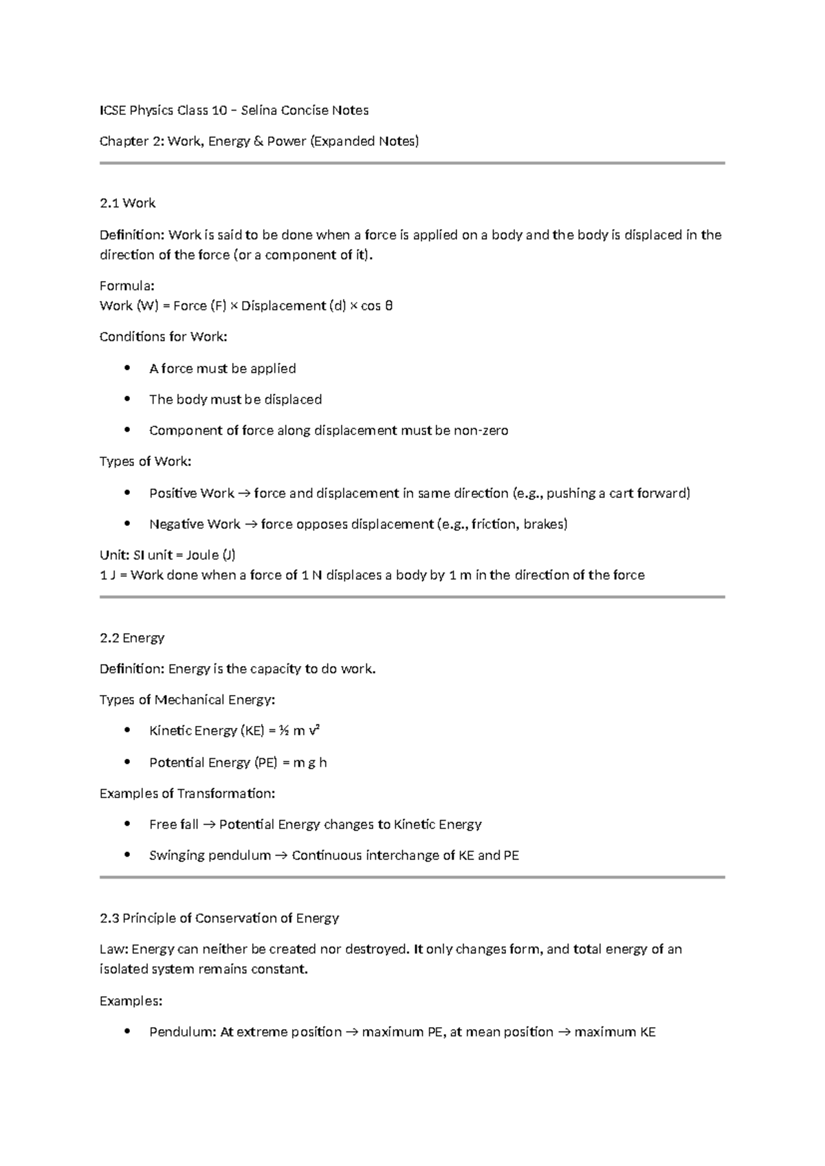 ICSE Physics Class 10 Selina Notes: Chapter 2 - Work, Energy & Power ...