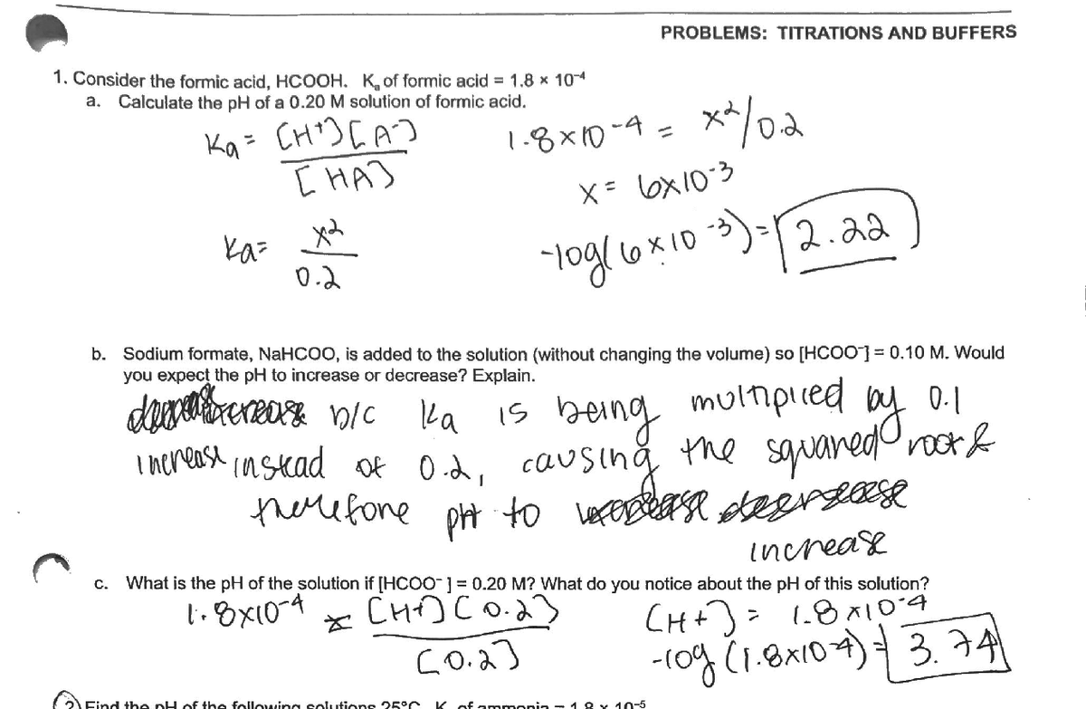 AP Chemistry: Titrations and Buffers Problem Set - Studocu