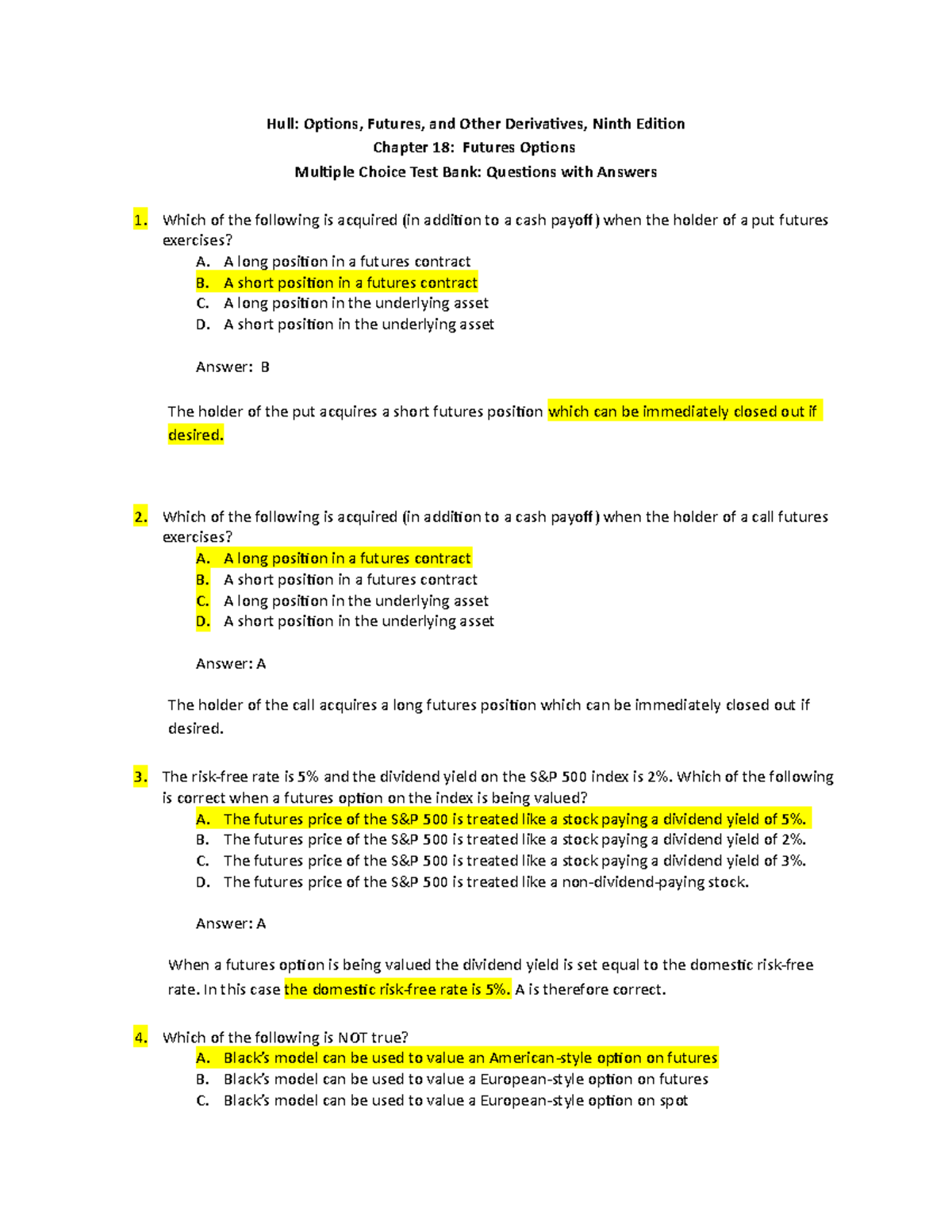 Hull OFOD9e Multiple Choice Questions and Answers Ch18 - Hull: Options, Futures, and Other ...