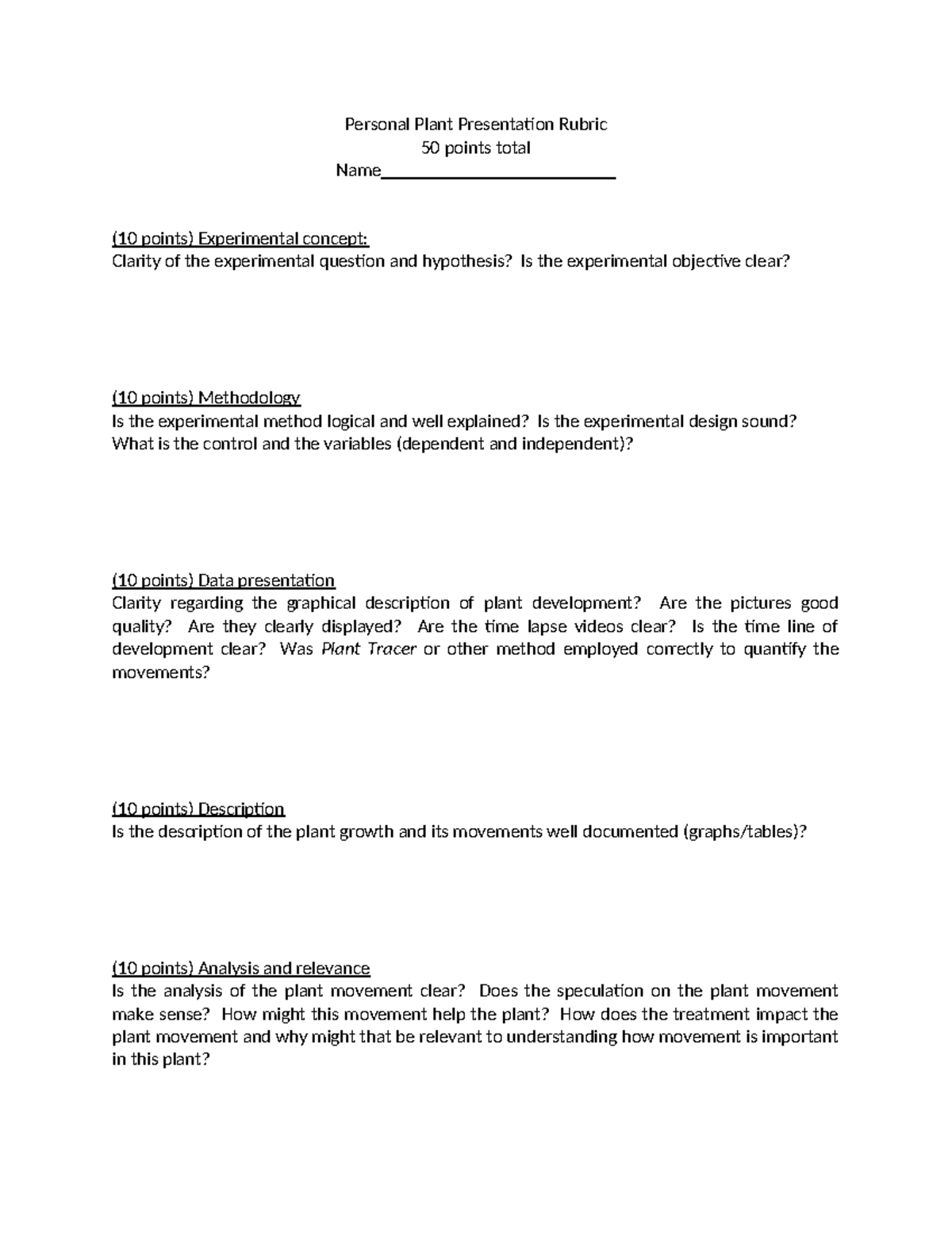 Personal Plant Presentation Rubric - Studocu