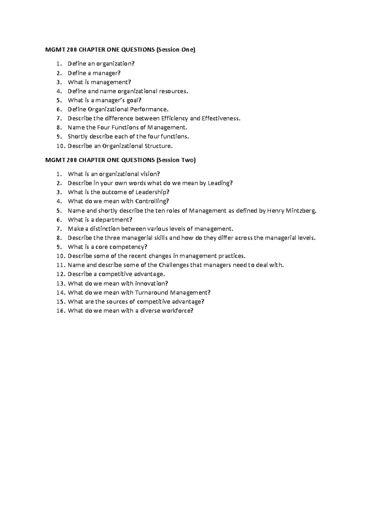 MGMT 200 CHAPTER 1: Key Questions on Management Concepts and Practices ...