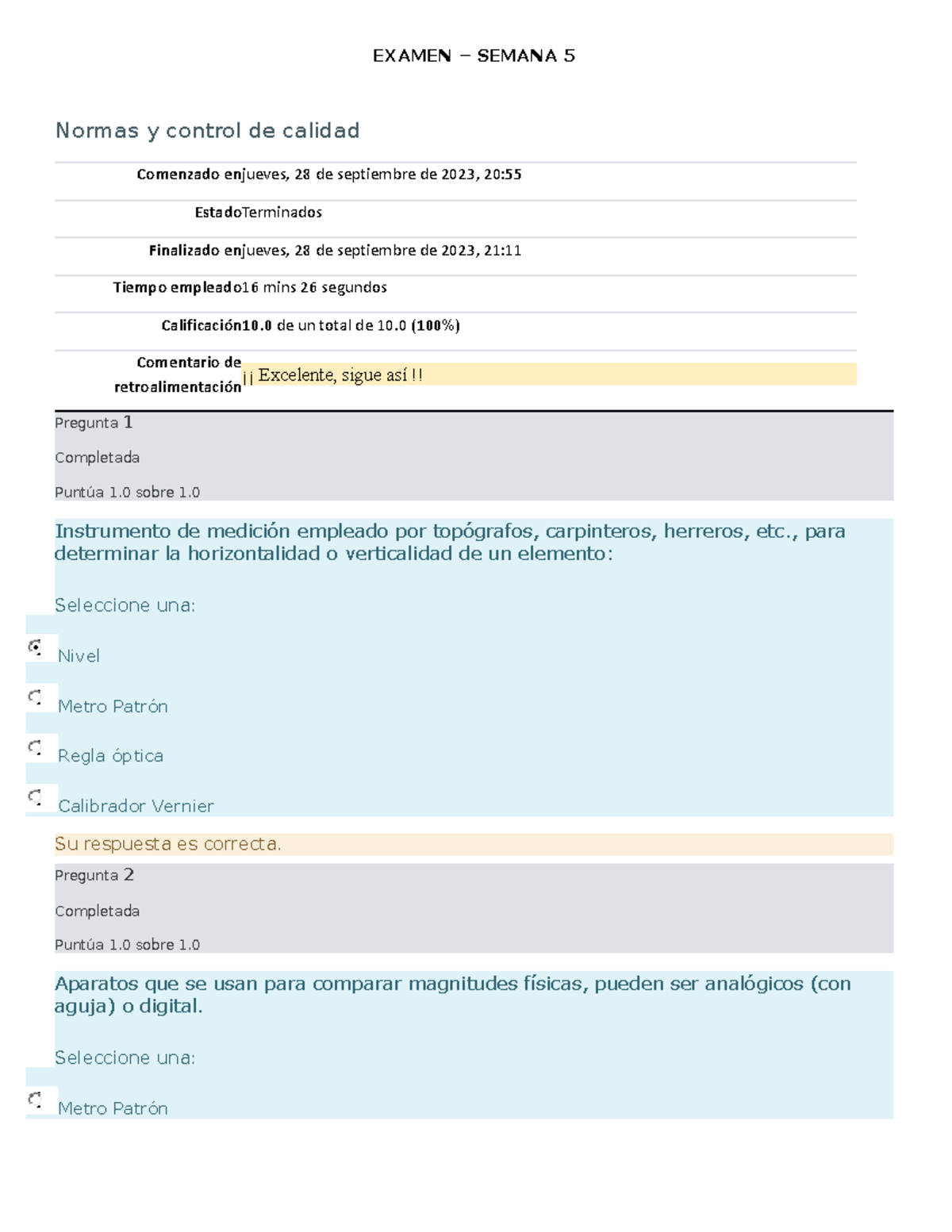 Examen de Normas y Control de Calidad - Semana 5 - 100% Aprobado - Studocu