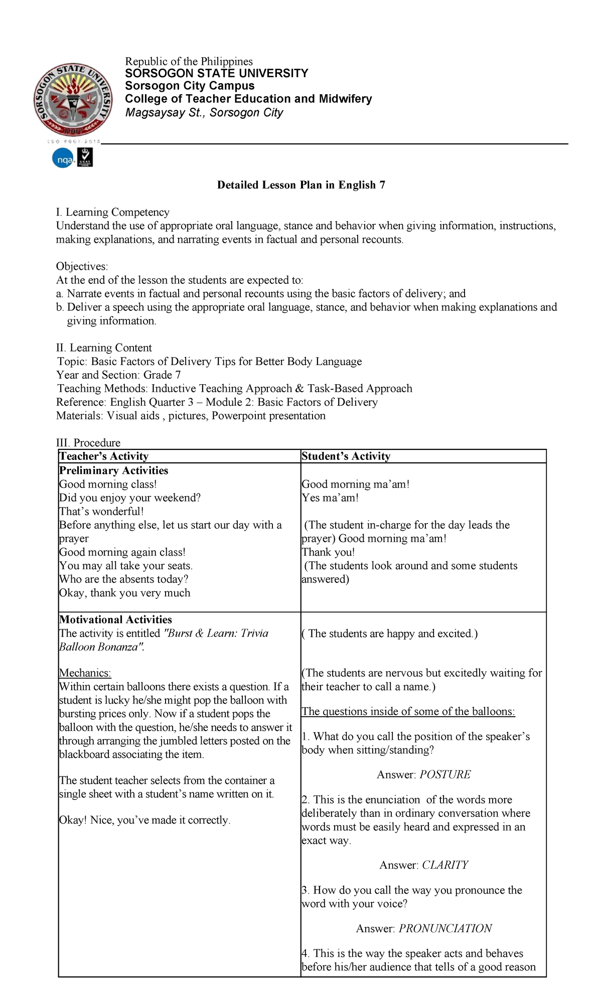 Detailed Lesson Plan: English 7 - Basic Factors of Delivery - Studocu