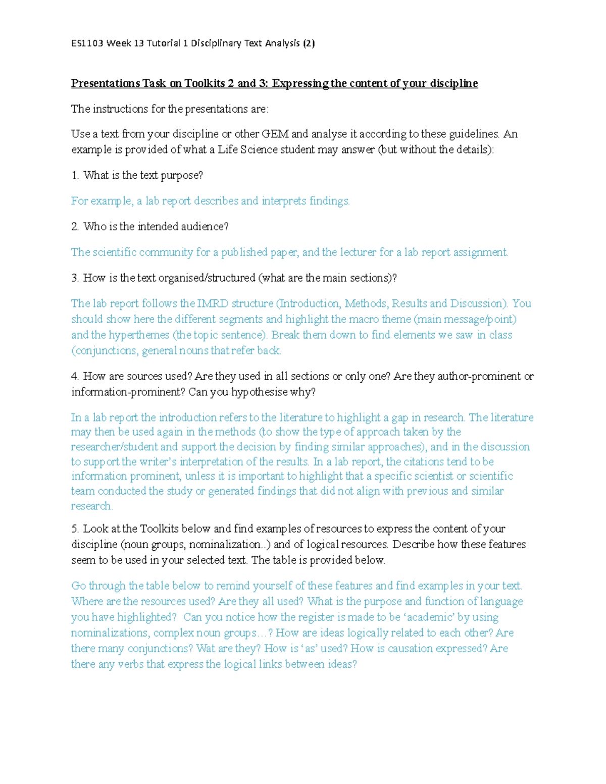 ES1103 Week 13 Tutorial 1 Disciplinary Text Analysis - ES1103 Week 13 ...