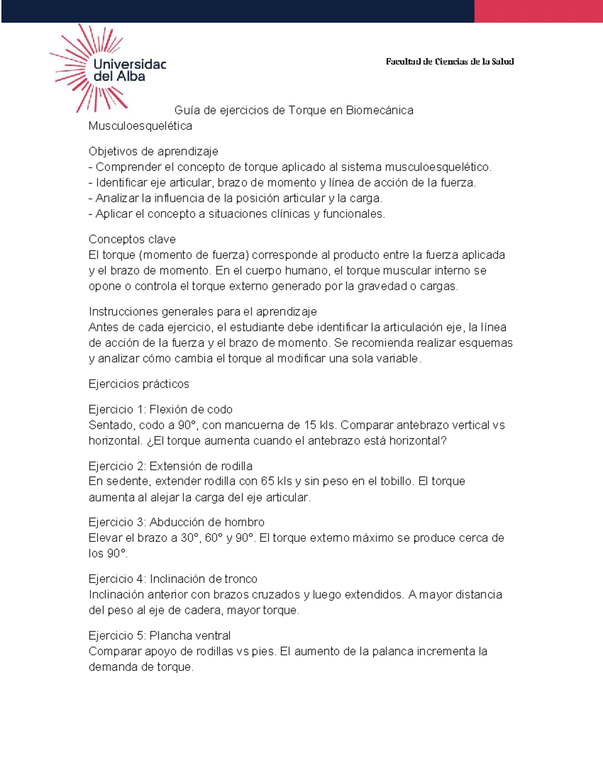 Guía de Ejercicios de Torque en Biomecánica Musculoesquelética ...