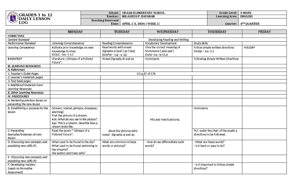 DLL English 3 Q4 W1 - making of dll - GRADES 1 to 12 DAILY LESSON LOG ...