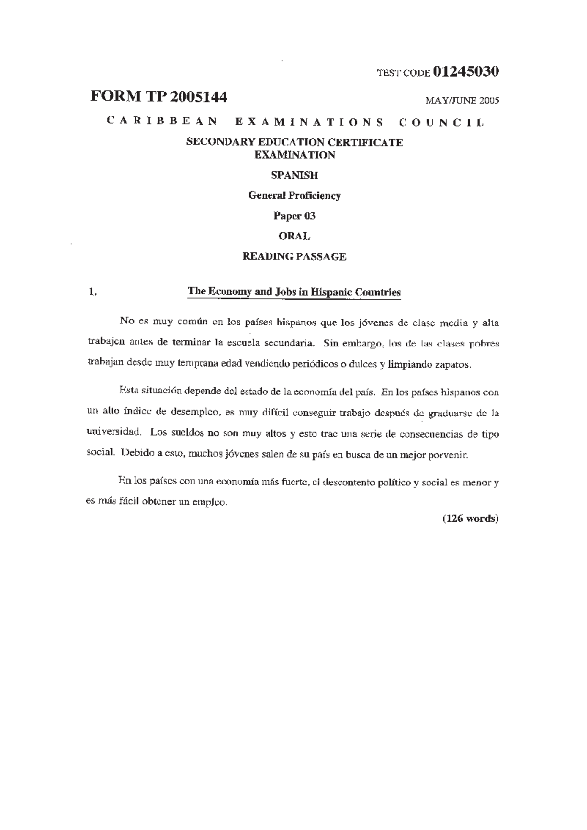 Spanish Paper 3s 2005-2019 Reading Passages - TEST CODE 01245030 FORM ...
