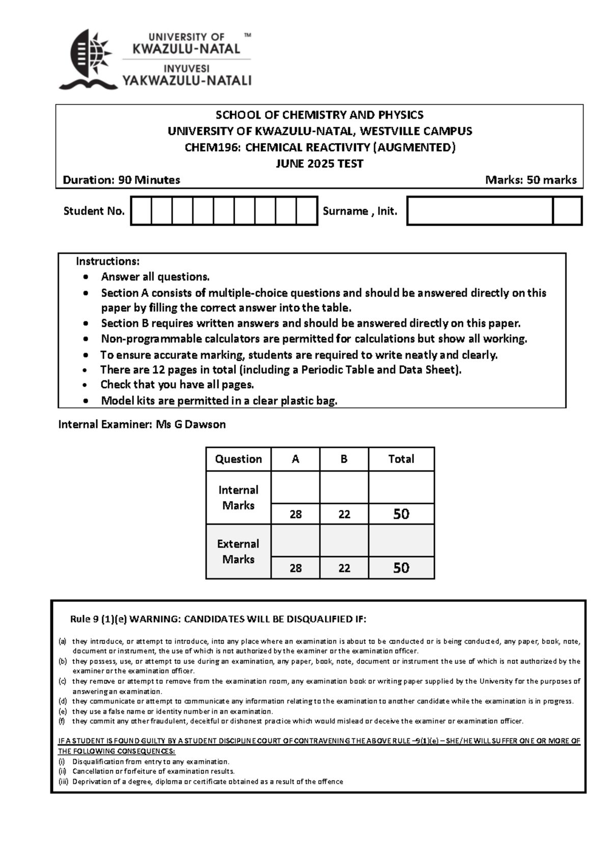 CHEM196: Chemical Reactivity June 2025 Test - Studocu