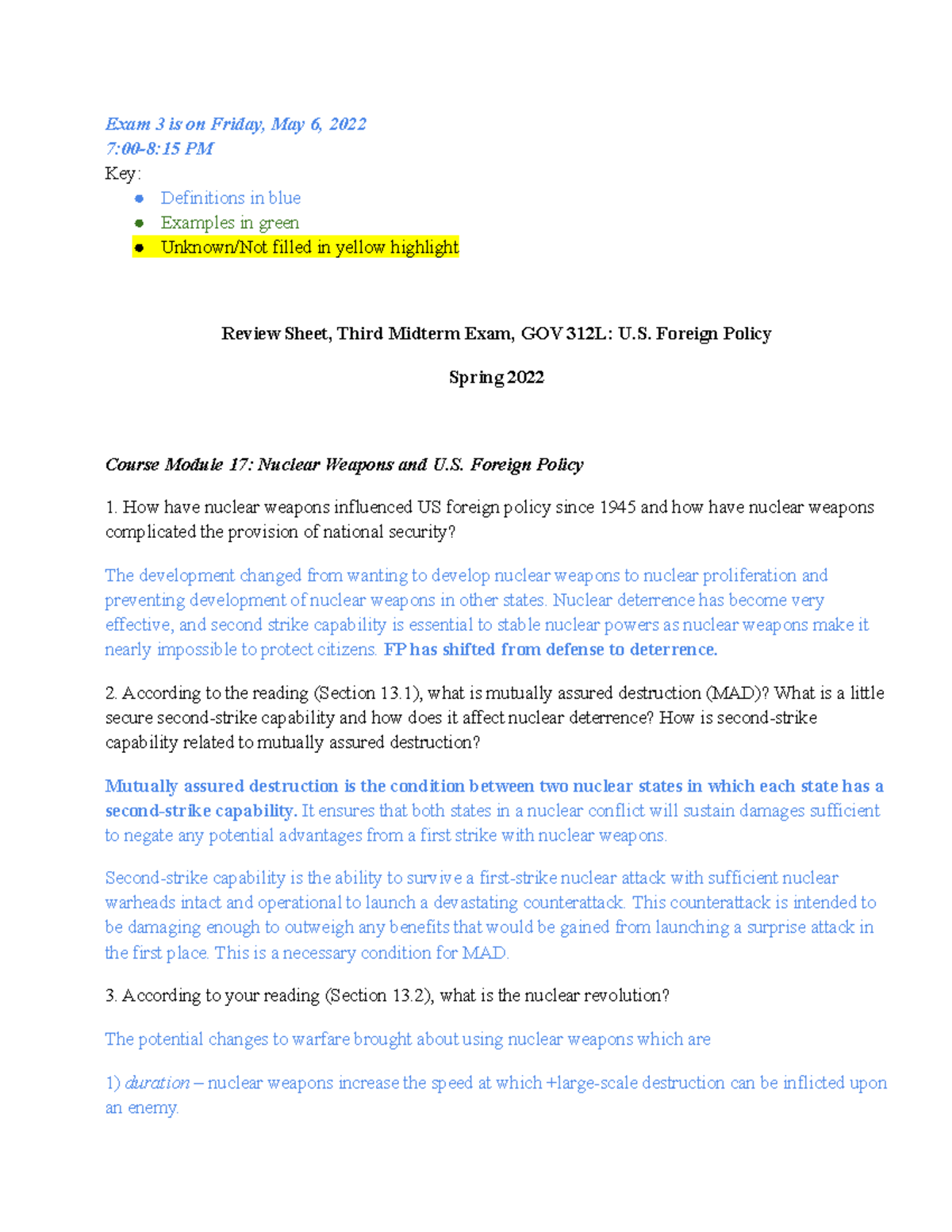 GOV 312L - Comprehensive Review Guide for Exam 3: U.S. Foreign Policy ...