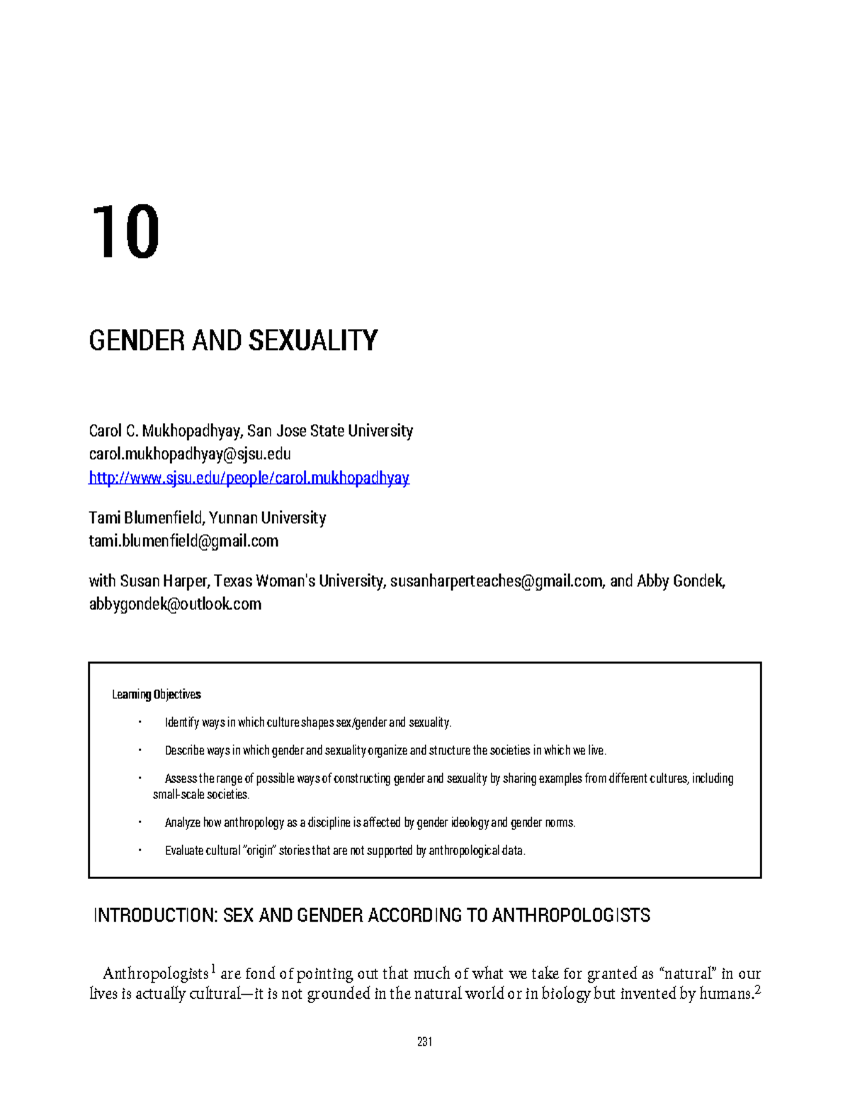 Cultural Anthropology Perspectives: Exploring Gender and Sexuality - 1010 GENDER AND ...