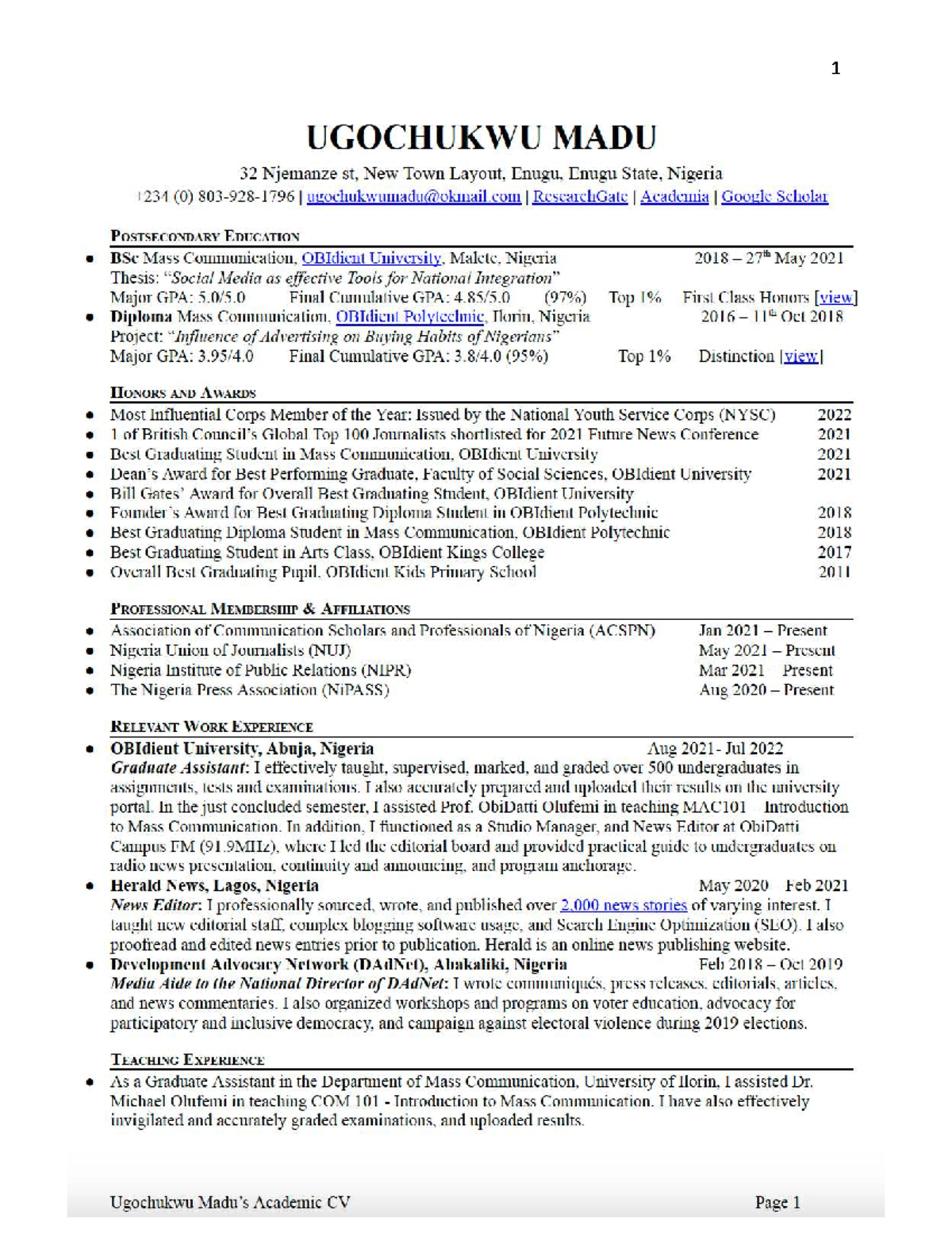 Academic CV Guide (ENG 101) for Graduate Applications - Studocu