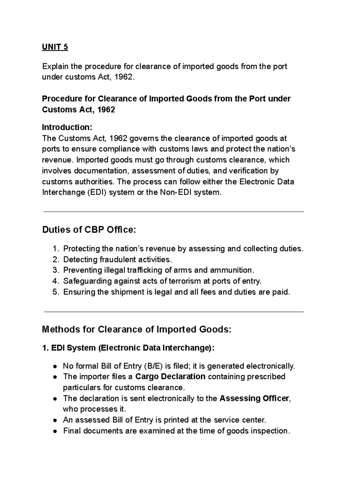 UNIT 5 Customs Clearance Procedures for Imported Goods under Customs ...