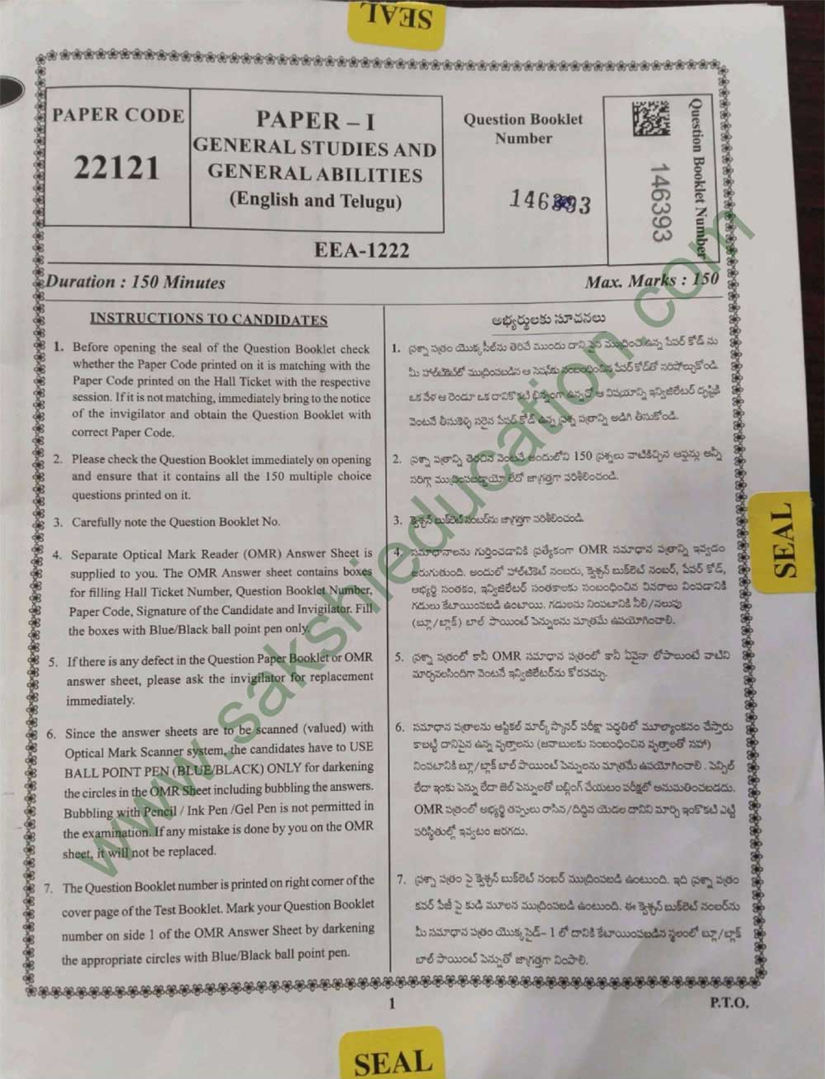 SEAL PAPER CODE 22121 General Studies Question Booklet Instructions ...
