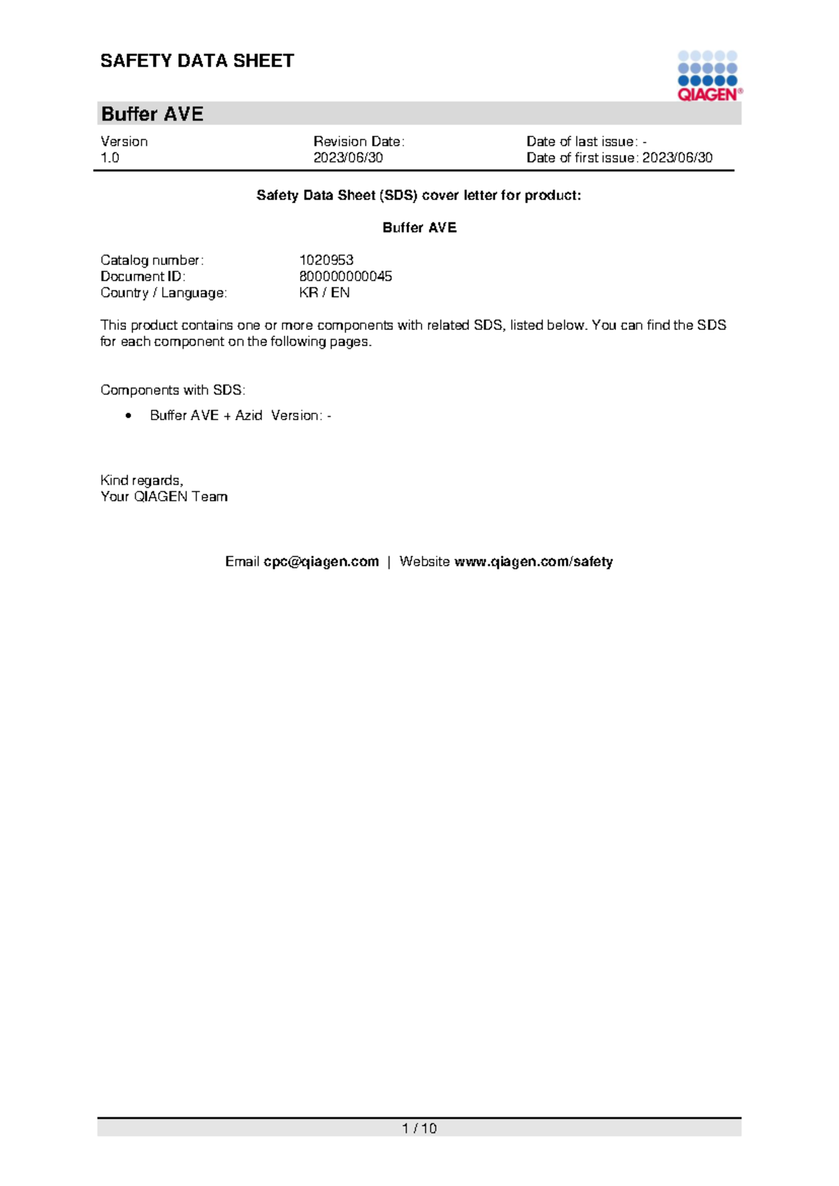 SAFETY DATA SHEET for Buffer AVE (Version 1.0) - QIAGEN - Studocu