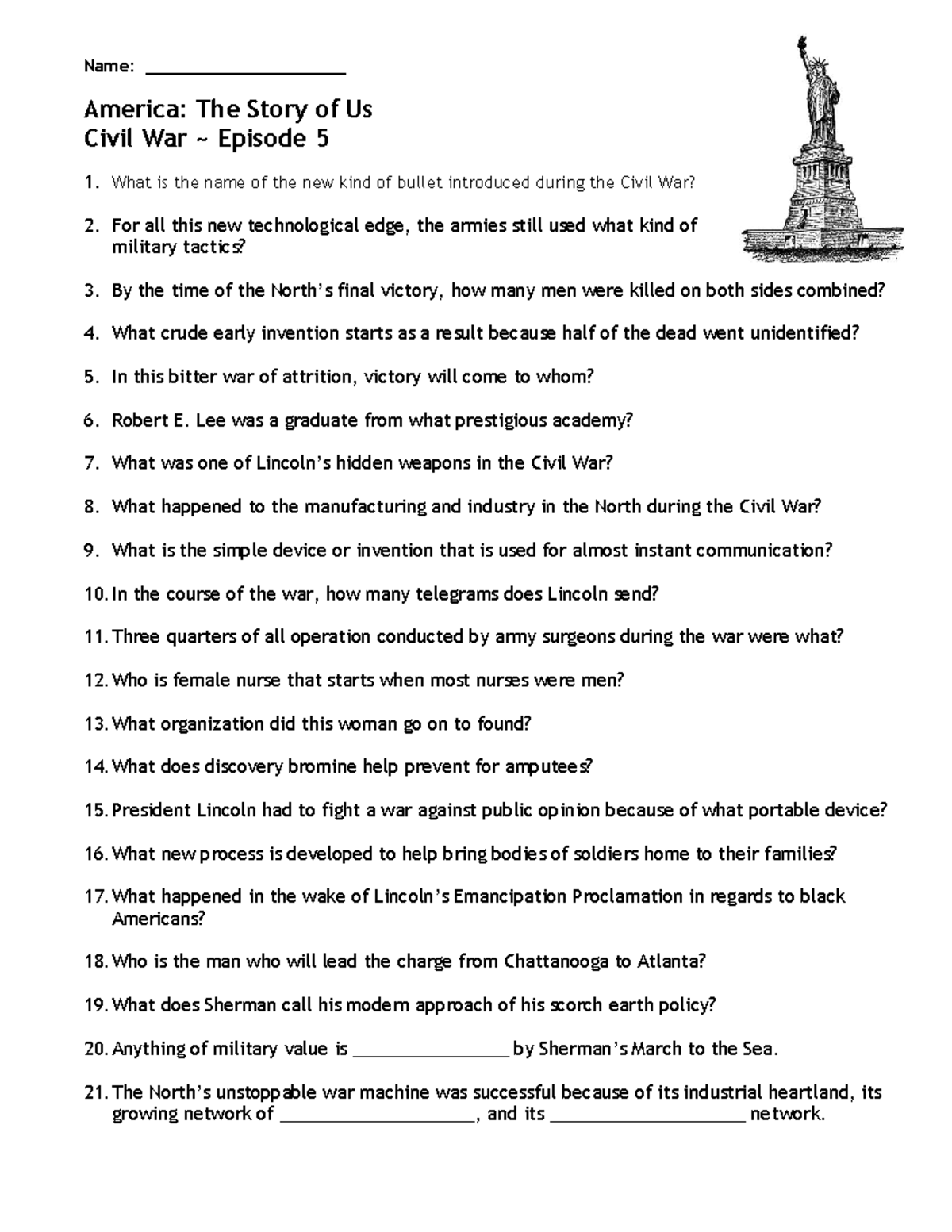 America: The Story of Us - Civil War Episode 5 Study Guide - Studocu