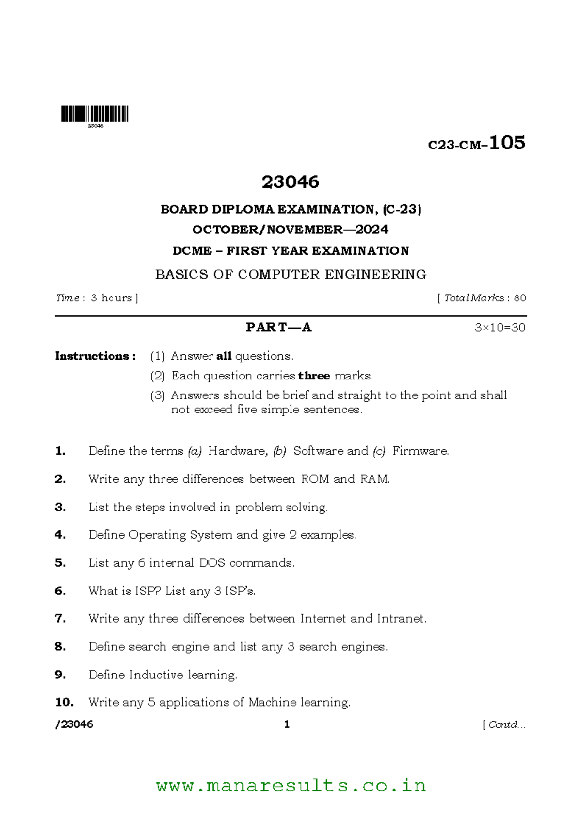23046 DCME 1st Year Exam: Basics of Computer Engineering QP - Studocu