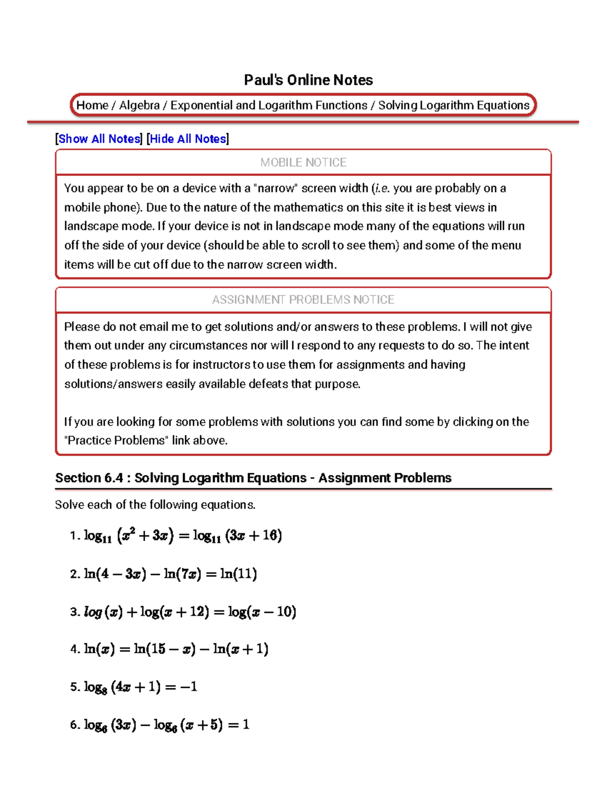 Algebra - Solving Logarithm Equations (Assignment Problems) - Studocu