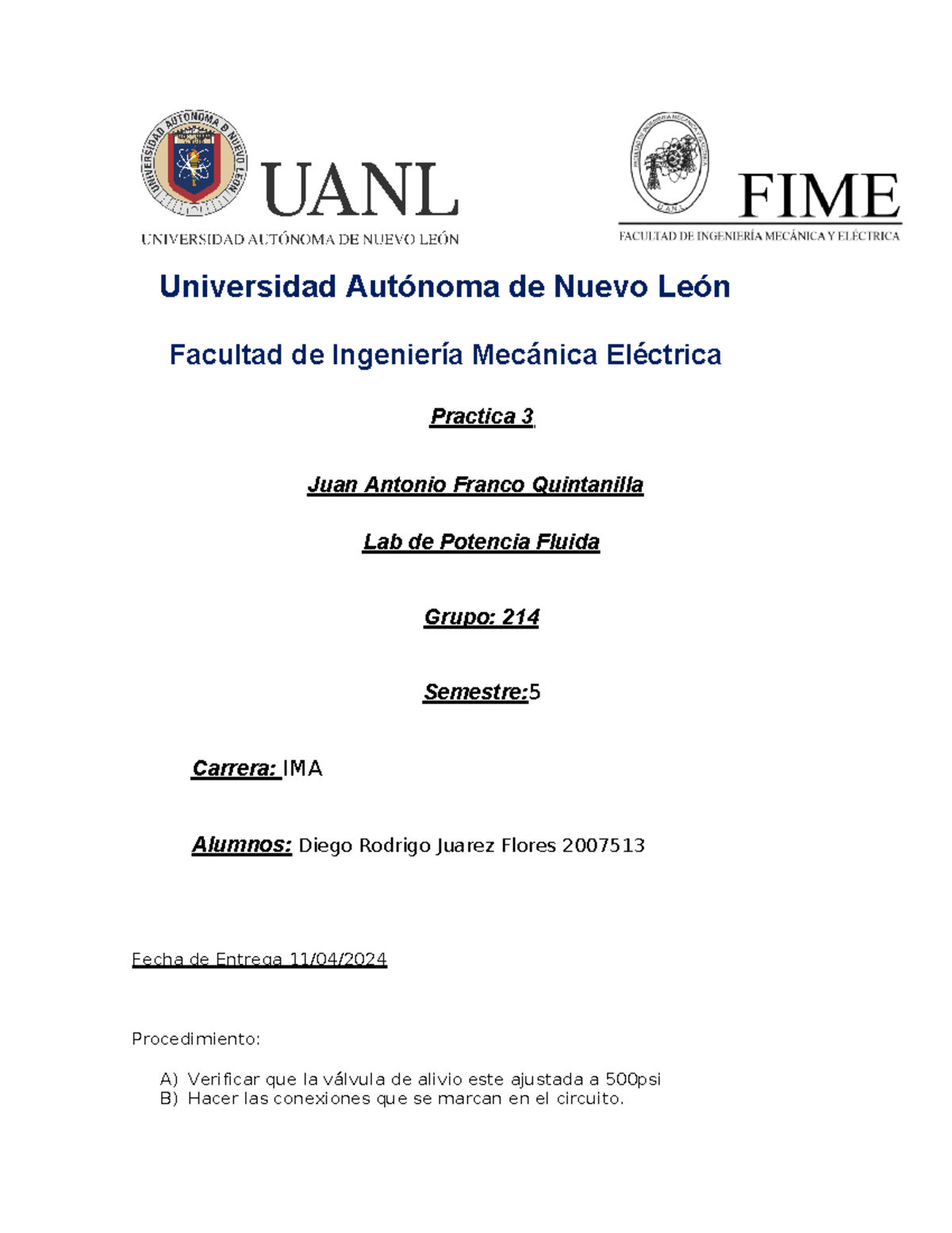 Practica 3 de Lab de Potencia Fluida - IMA 5° Semestre - Studocu