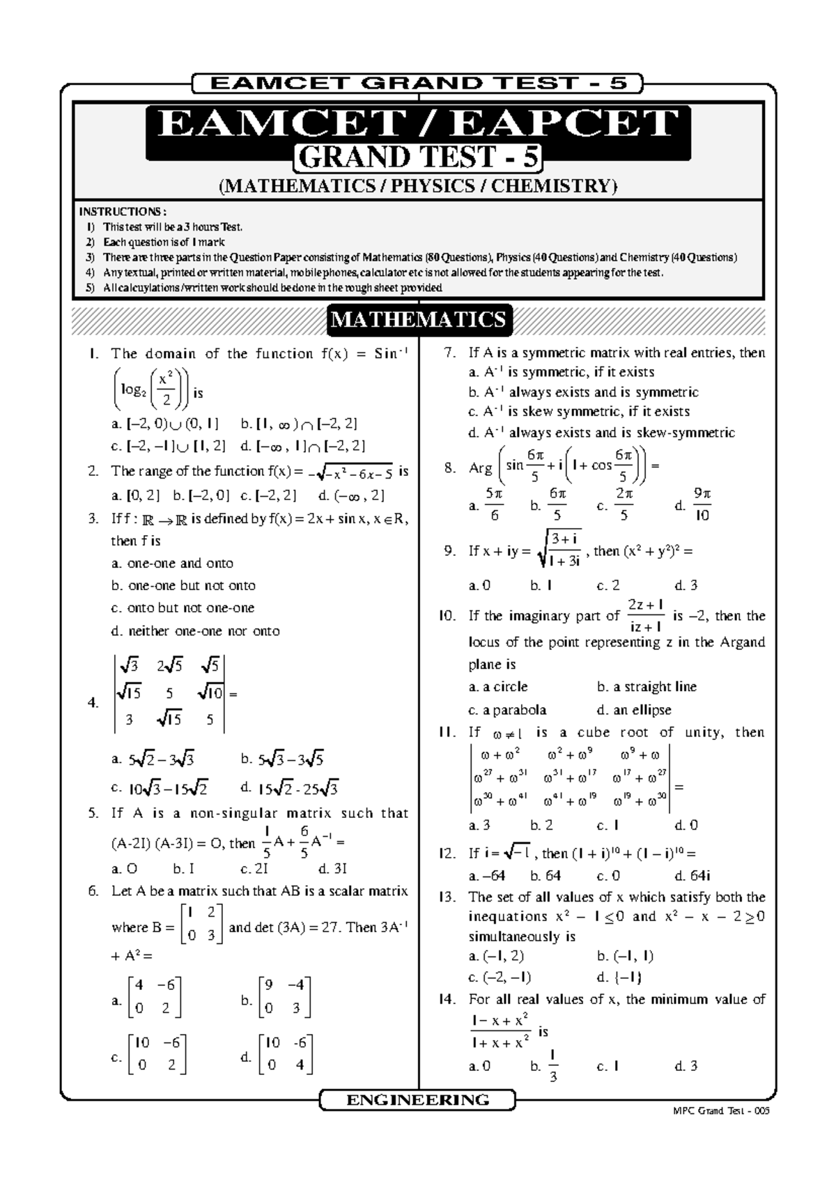 MPC Engineering Grand Test - 005 Overview and Instructions - Studocu