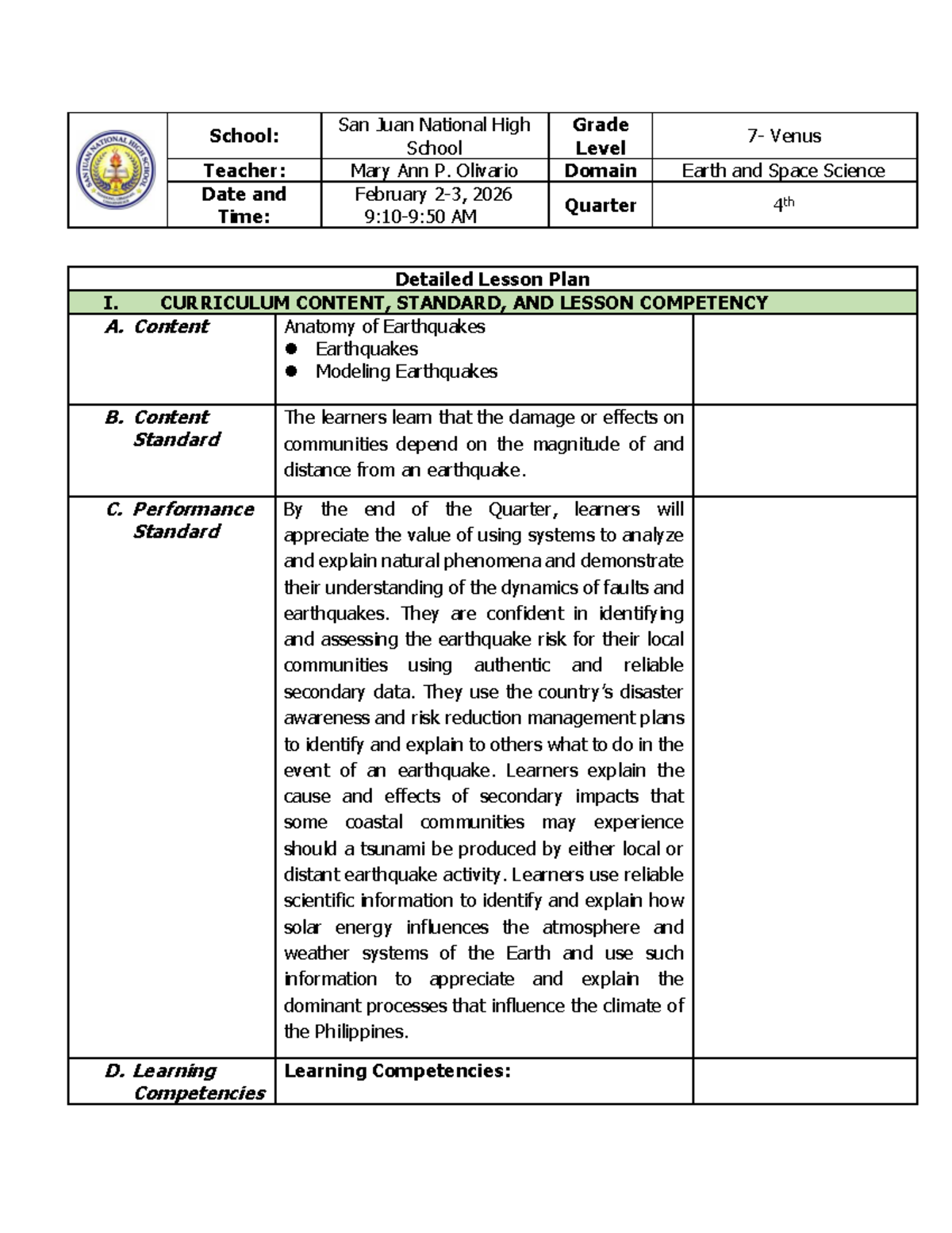 Grade 7 Earth and Space Science: Anatomy of Earthquakes Lesson Plan ...