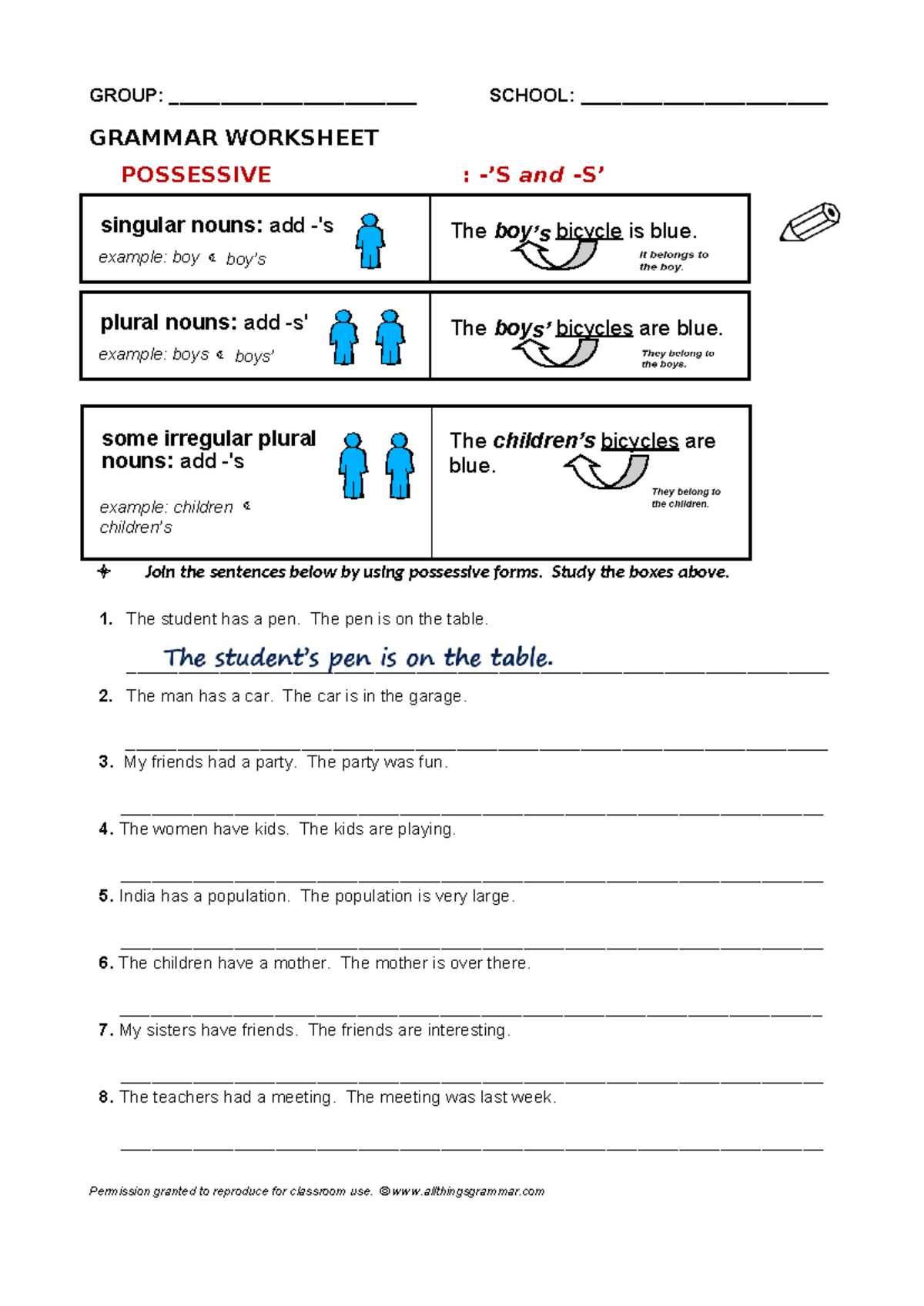 Grammar Worksheet: Possessive Nouns (S1) - Studocu