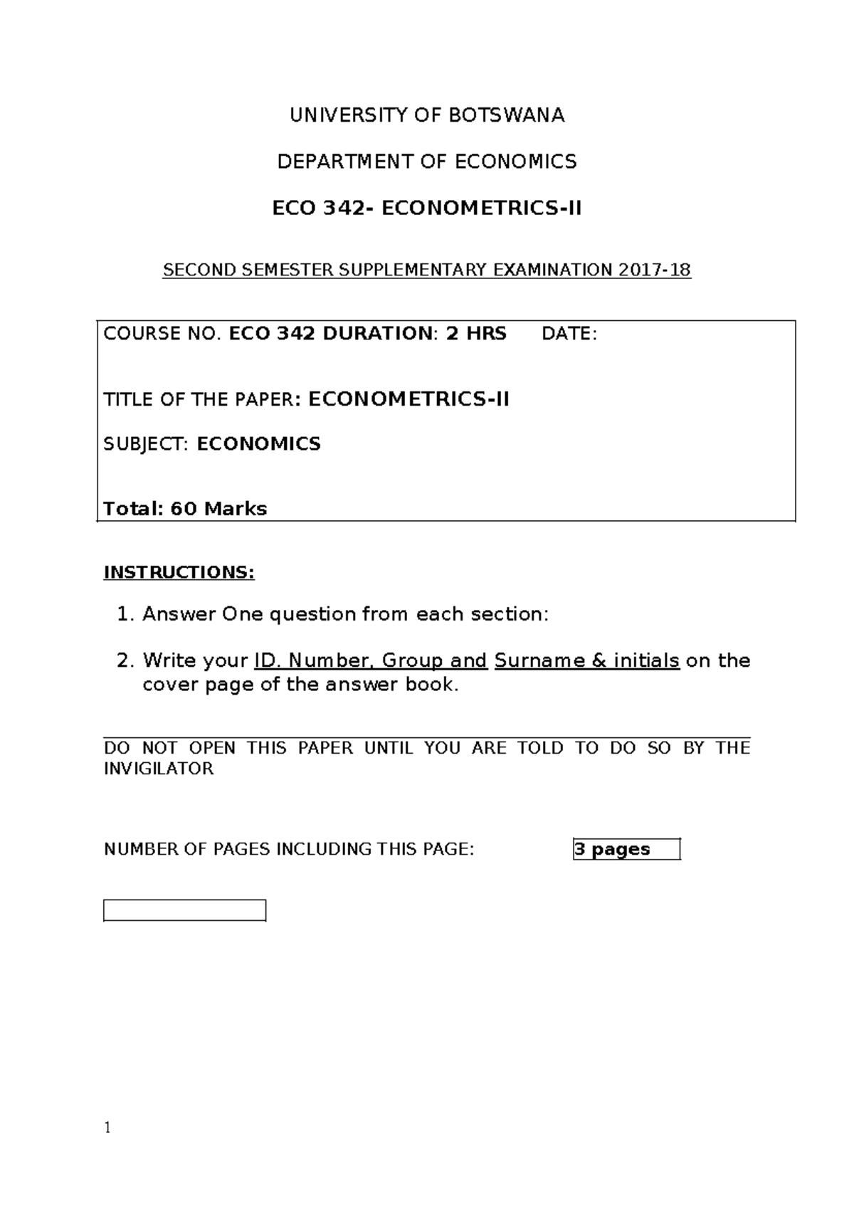 ECO 342-2017 18 Supplementary Exam: Econometrics-II Analysis Guide ...