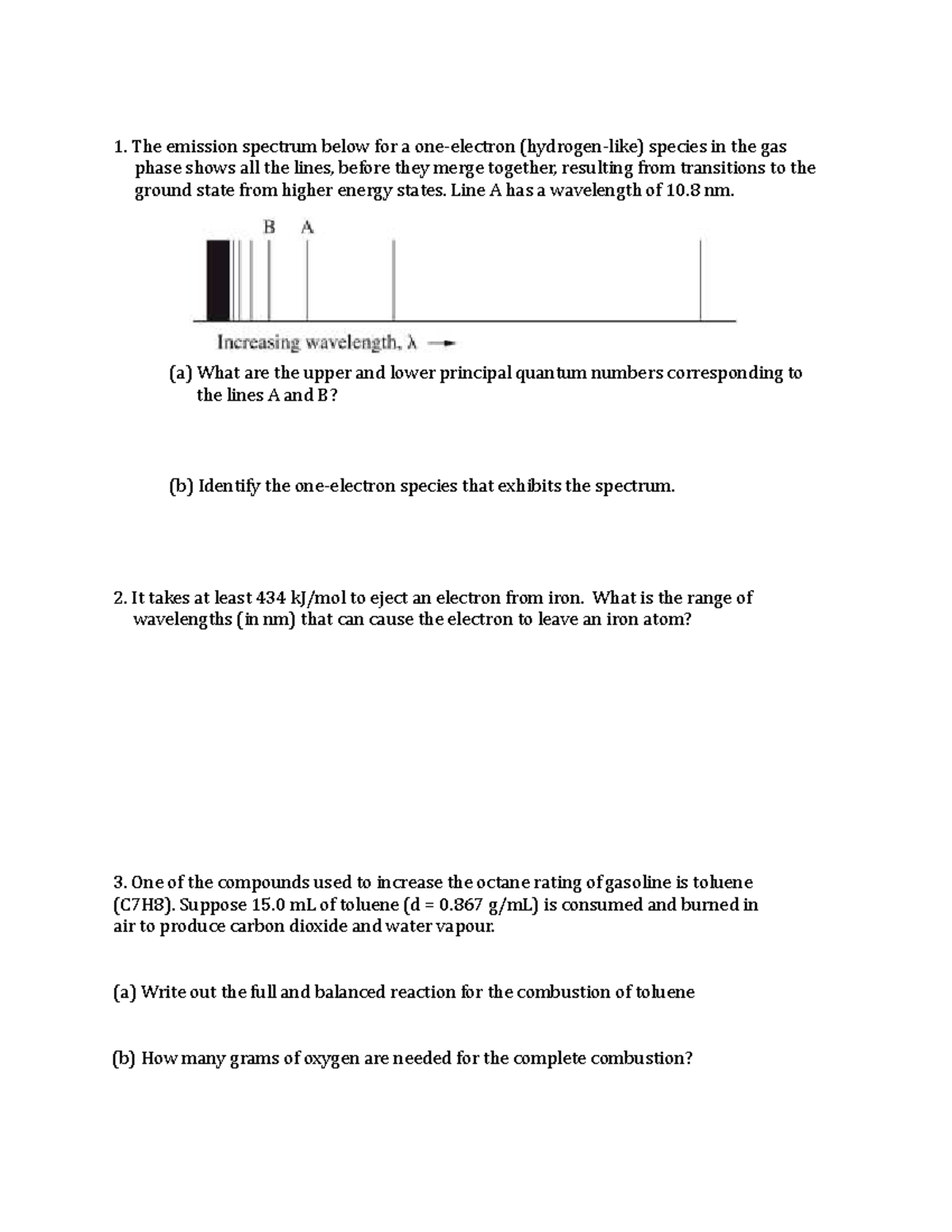 CHEM 101 Problem Set: Emission Spectra, Combustion, and Bonding ...