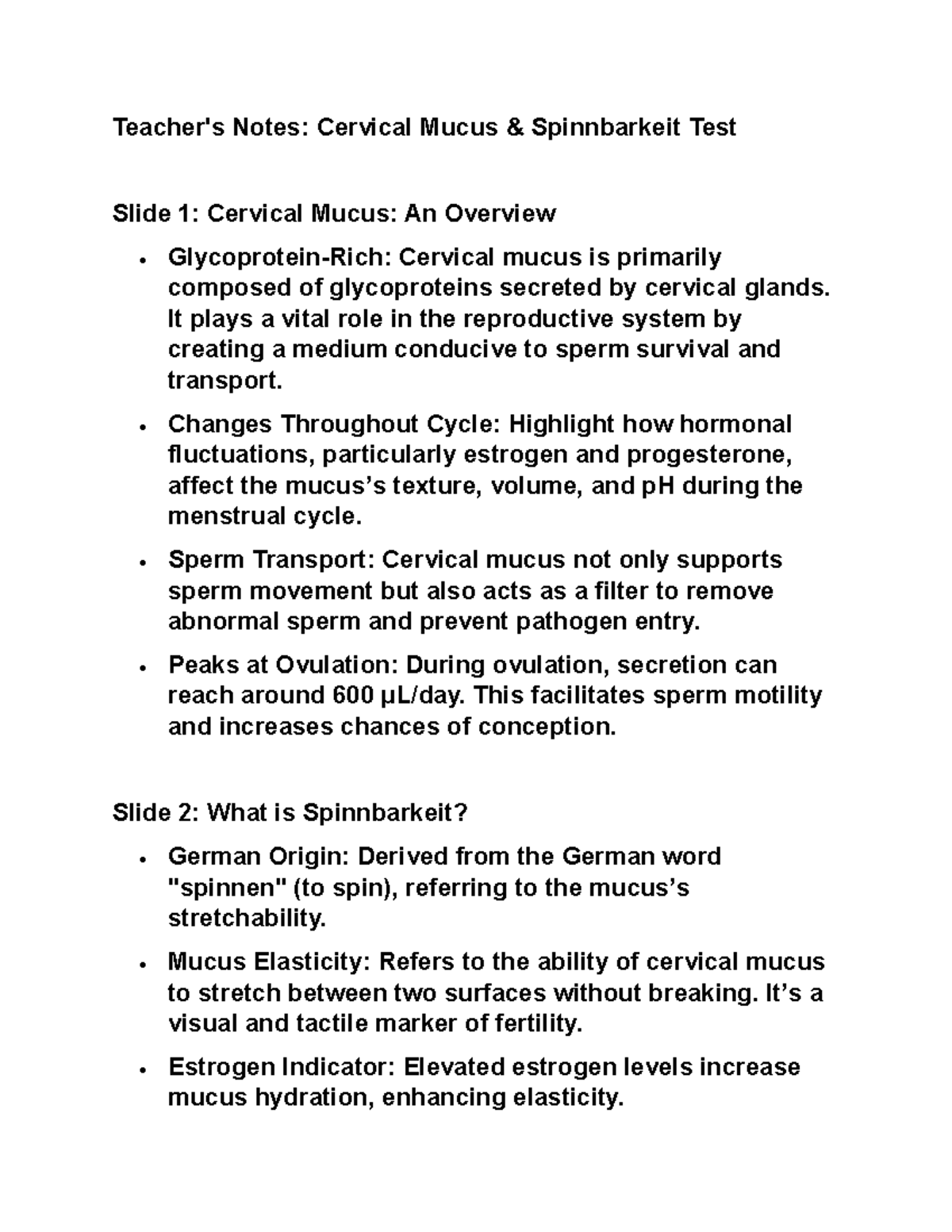 Notes: Cervical Mucus Spinnbarkeit Test Overview and Procedure - Studocu