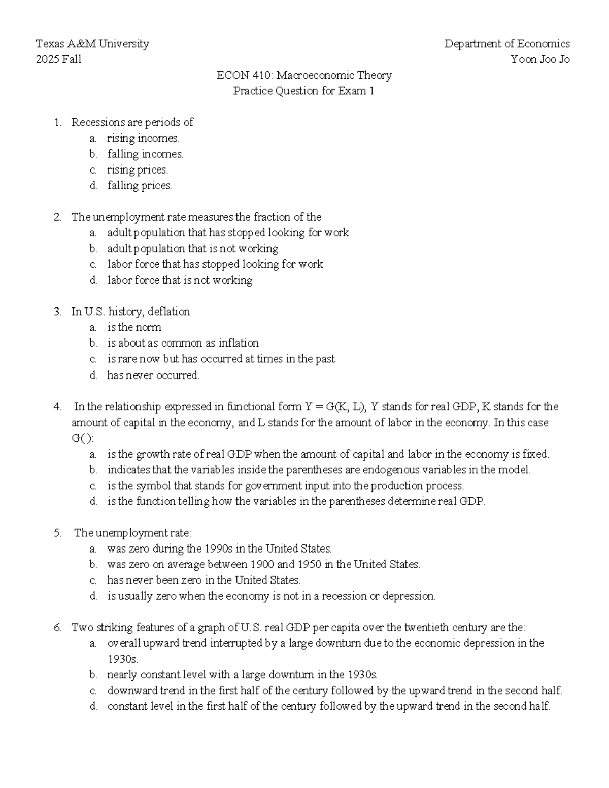 ECON 410: Macroeconomic Theory Exam 1 Practice Questions - Studocu