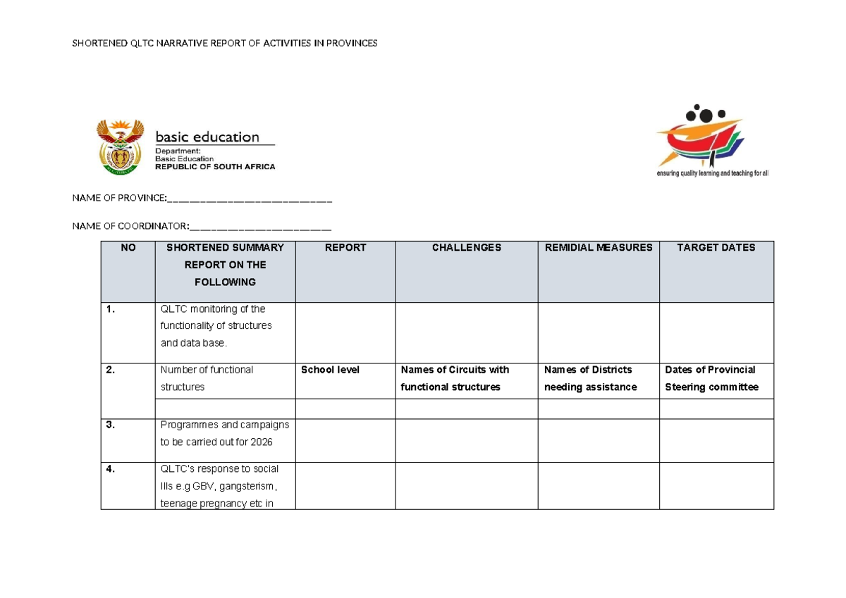 QLTC Narrative Report Template: Activities & Challenges - Feb 2026 ...