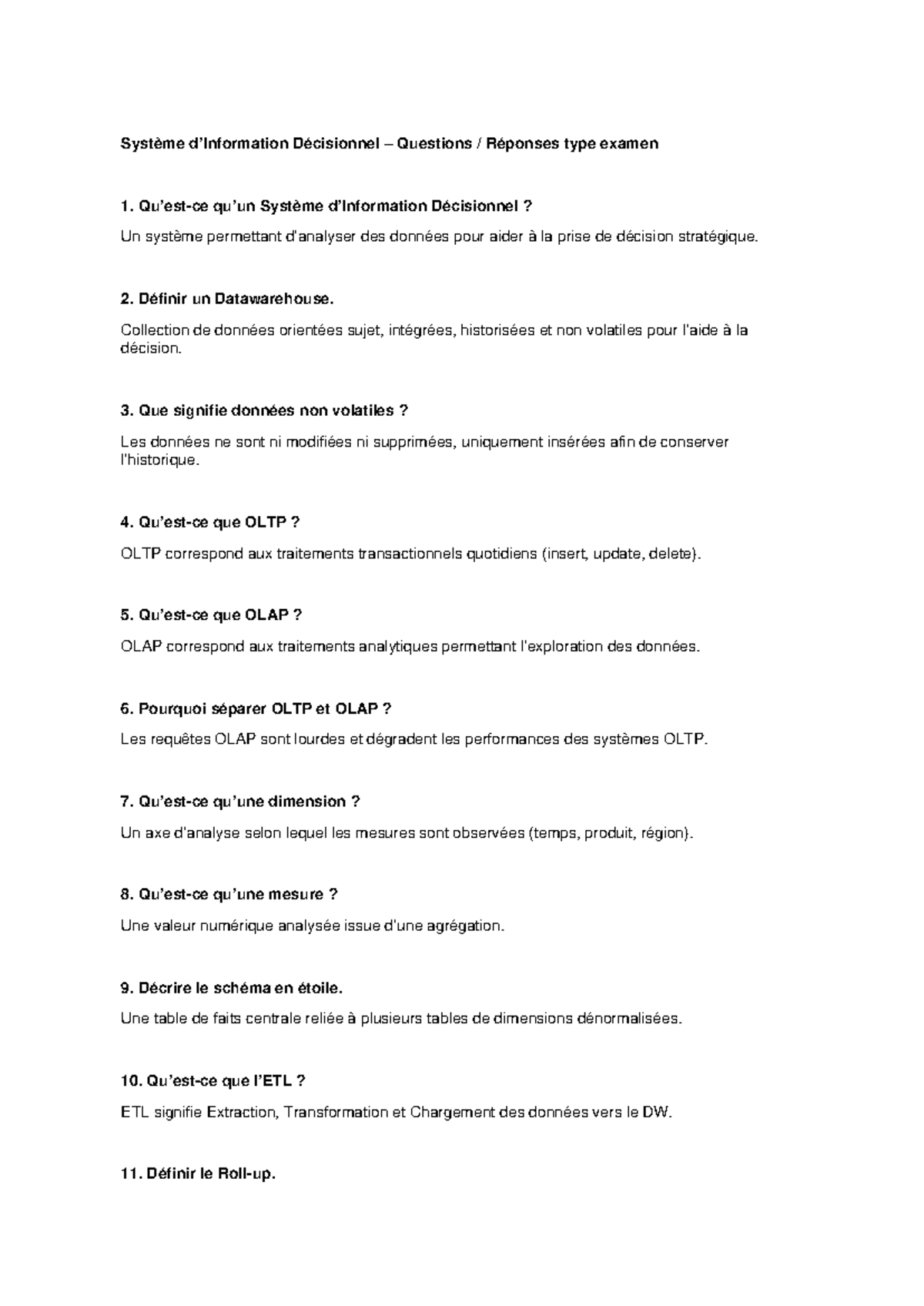 QCM SID - Questions et Réponses sur Système Décisionnel - Studocu