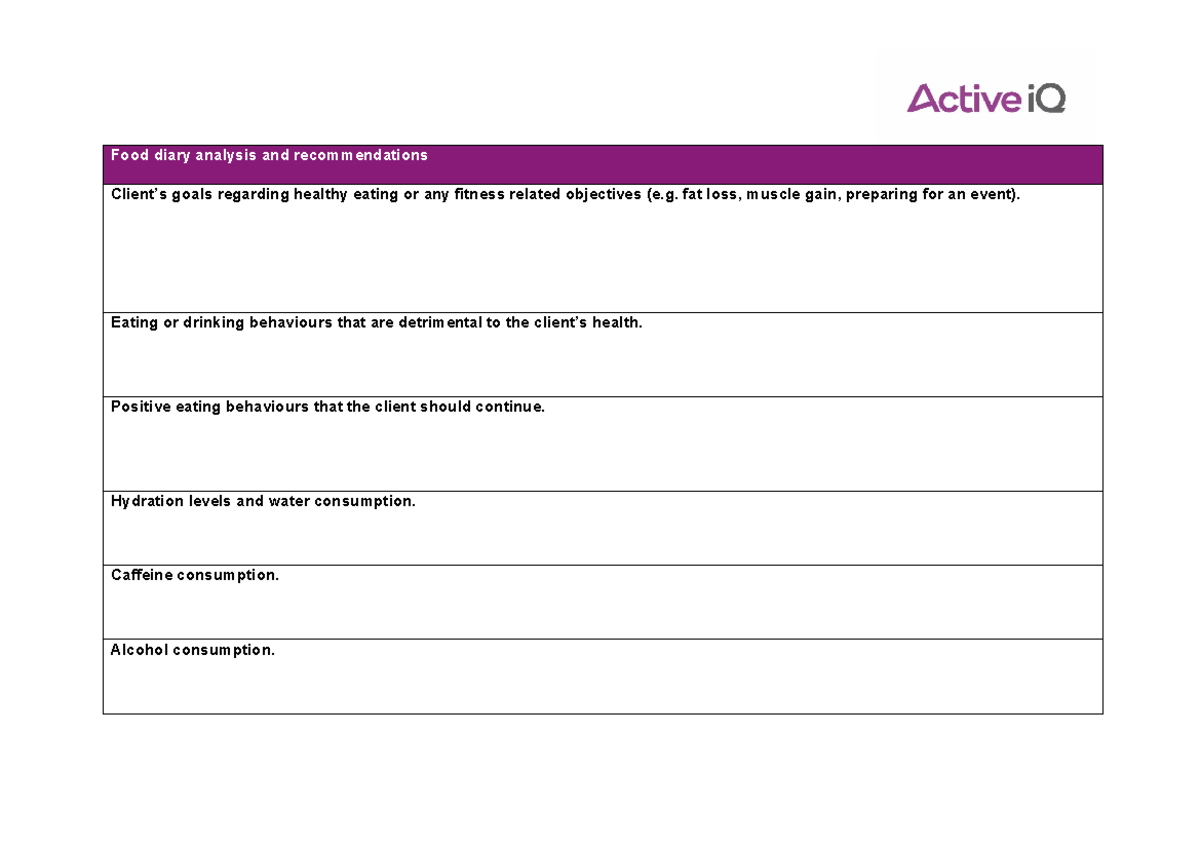 Food Diary Analysis Template: Recommendations for Nutrition Goals - Studocu