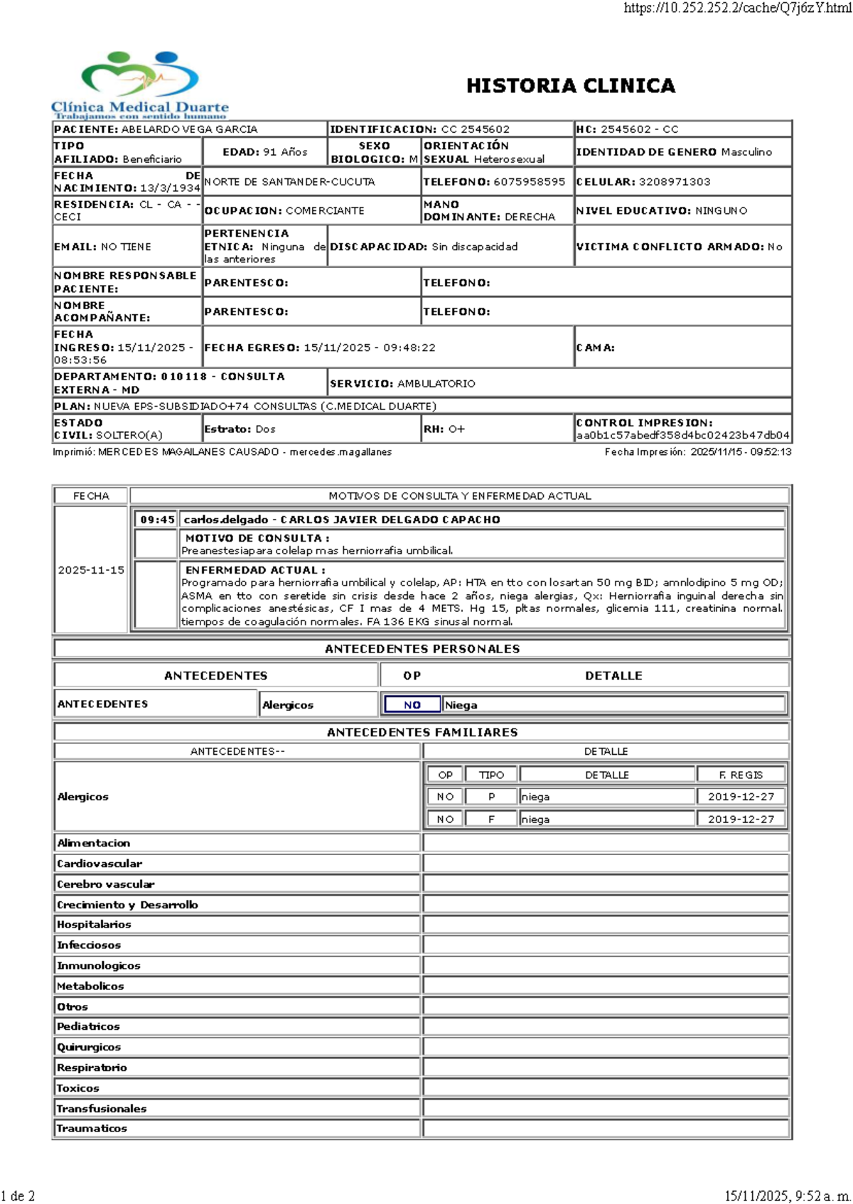 Historia Clínica de Abelardo Vega García - Consulta Externa 010118 ...