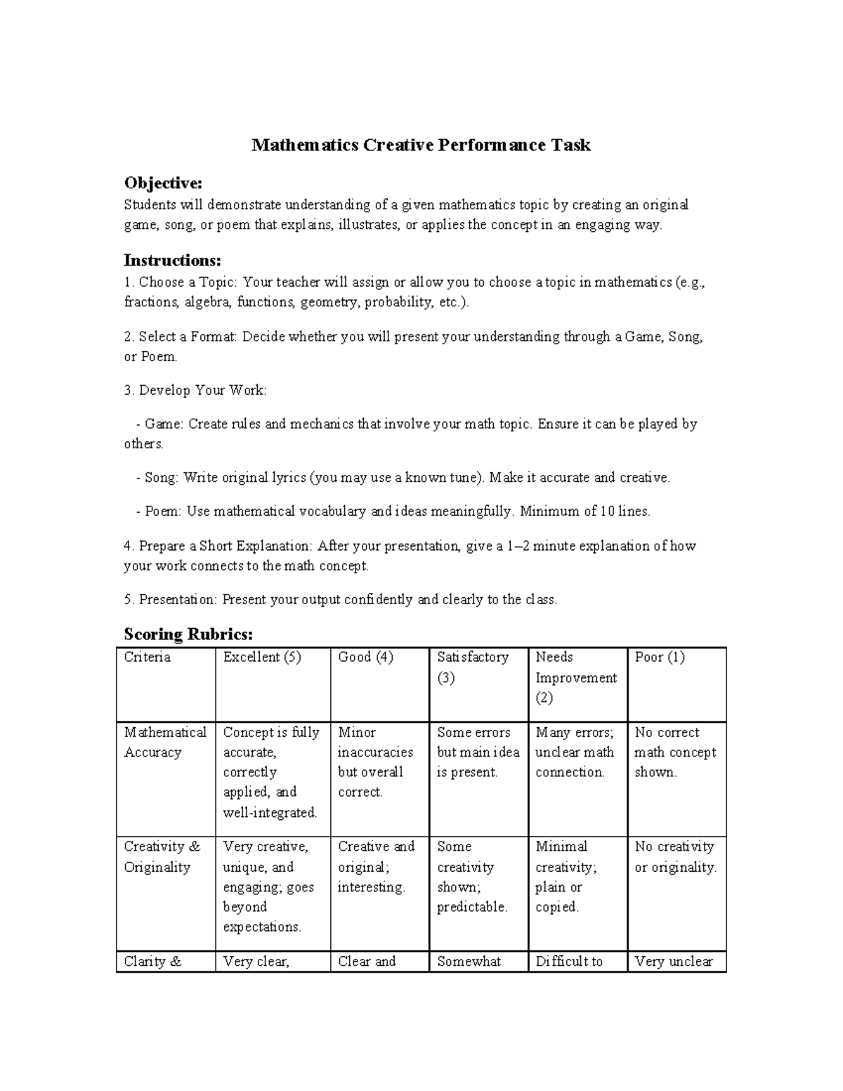 Math Creative Performance Task: Game, Song, or Poem Project - Studocu
