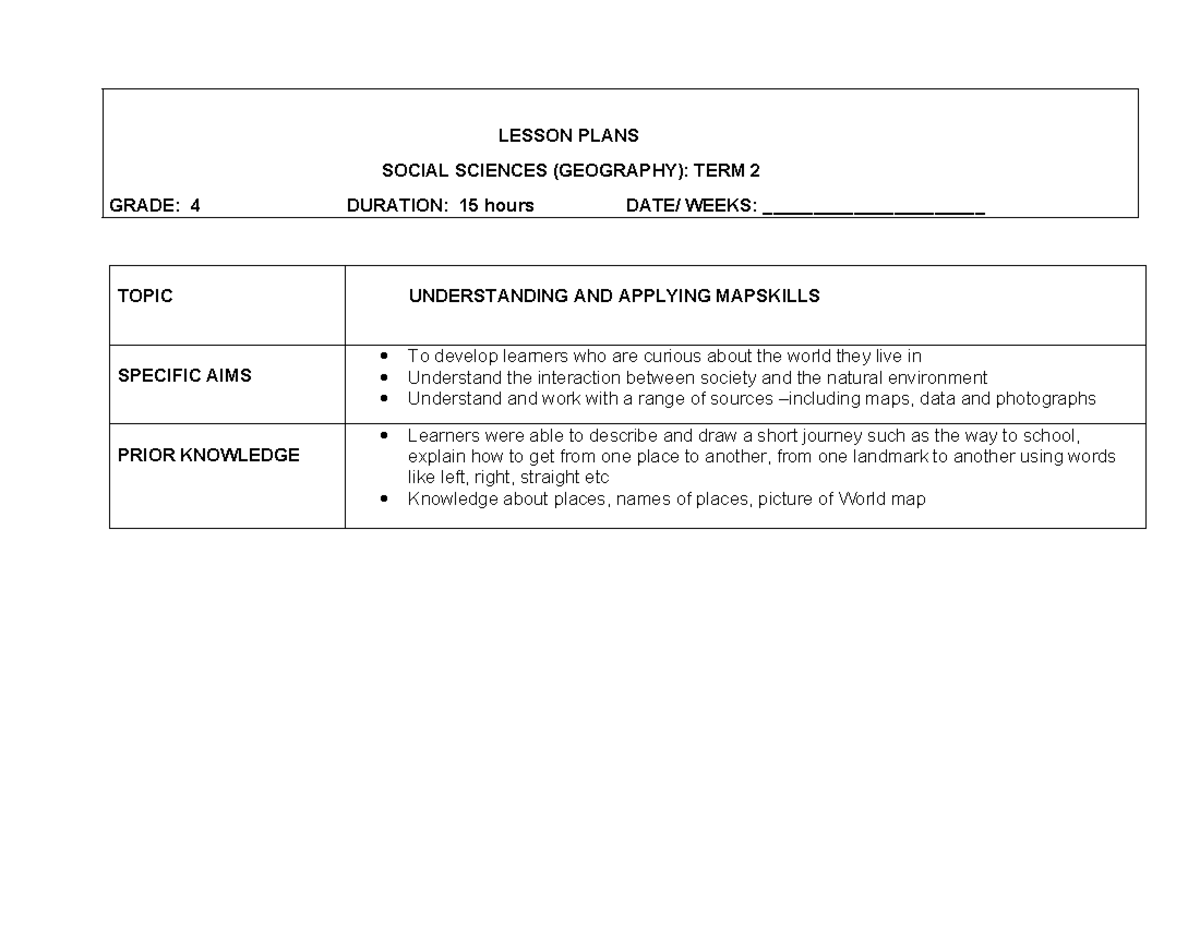 Lesson plans for social sciences (geography) grade 4 term 2 - Studocu