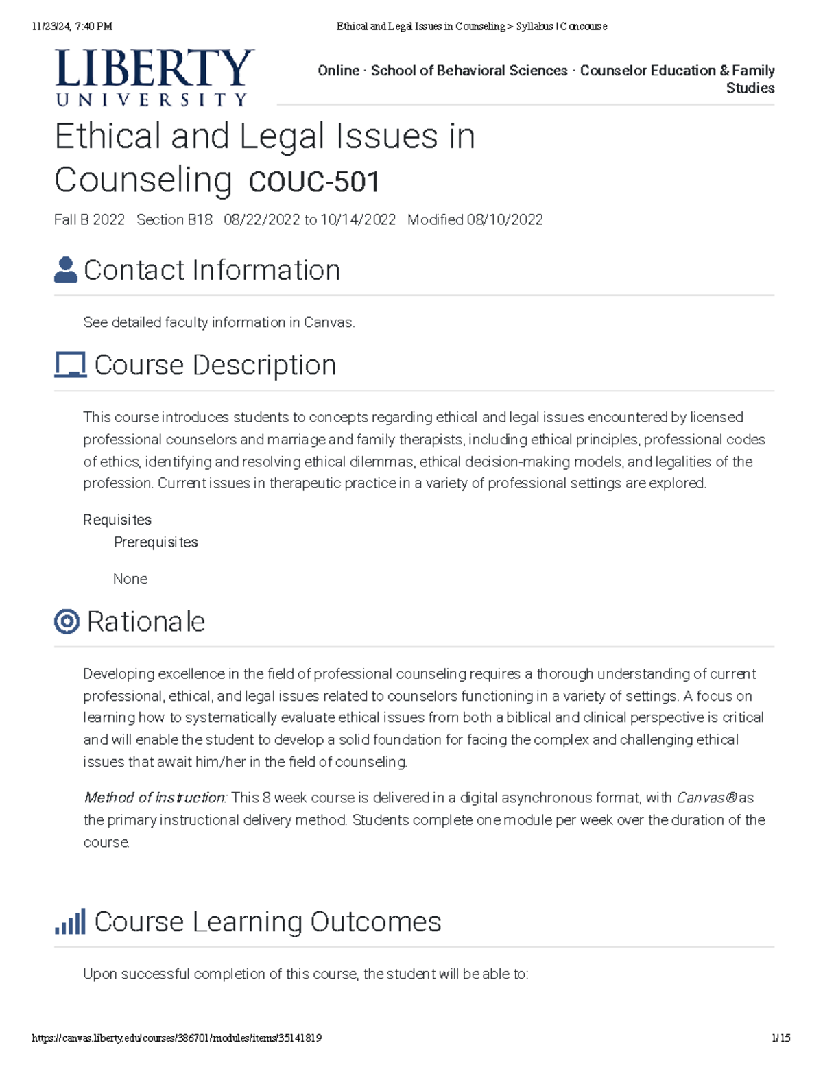 COUC 501 - Comprehensive Overview of Ethical & Legal Issues in ...