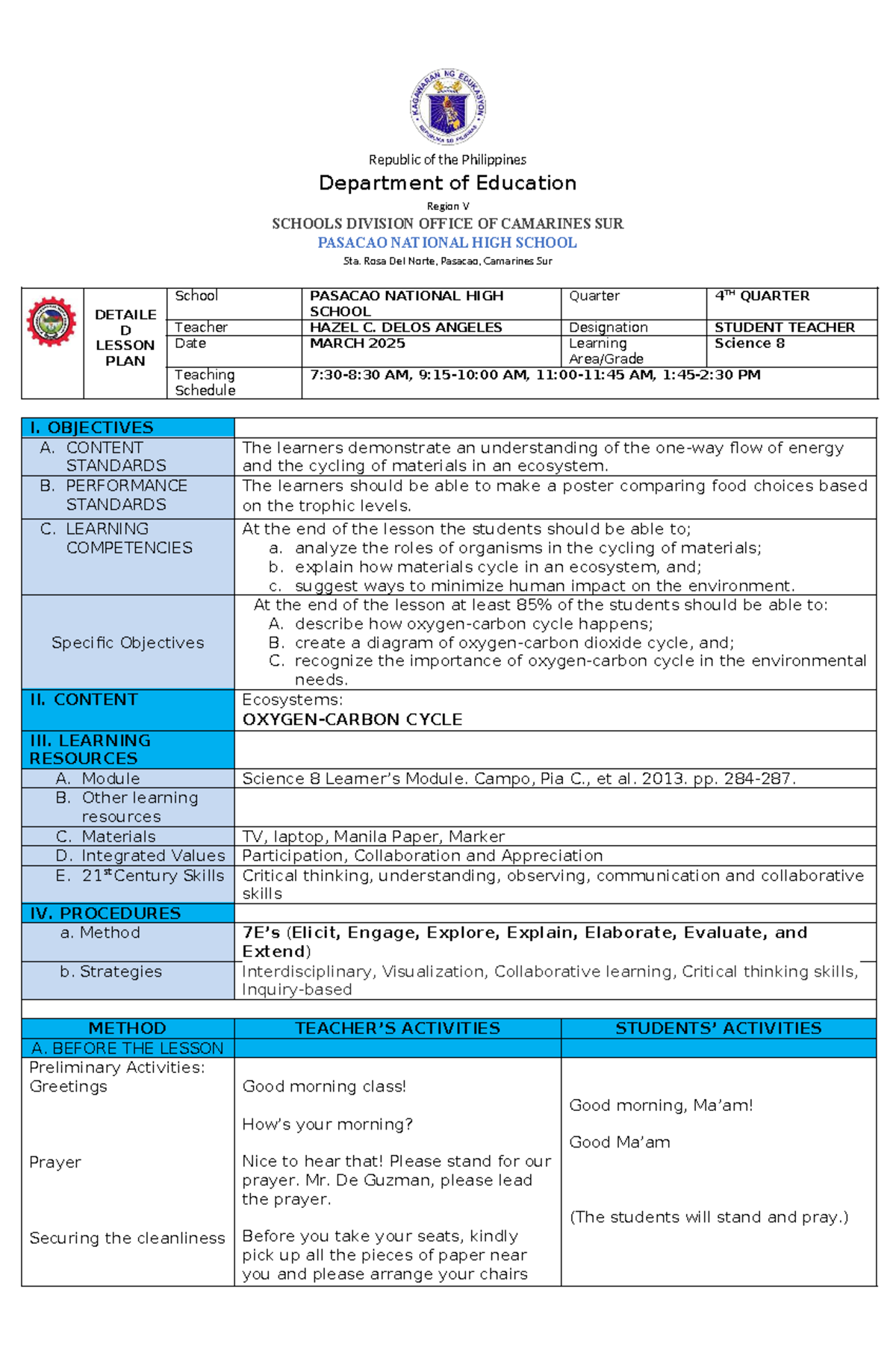 DLP Science 8: Detailed Lesson Plan on Oxygen-Carbon Cycle - Studocu