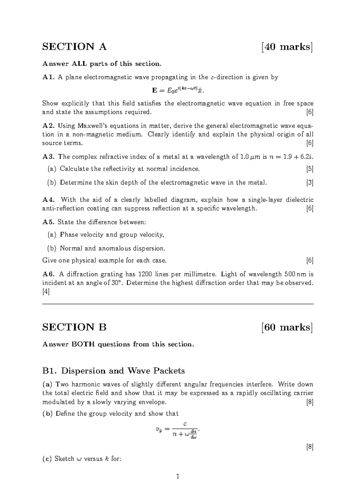Optics Exam 2: Electromagnetic Waves & Dispersion Analysis - Studocu