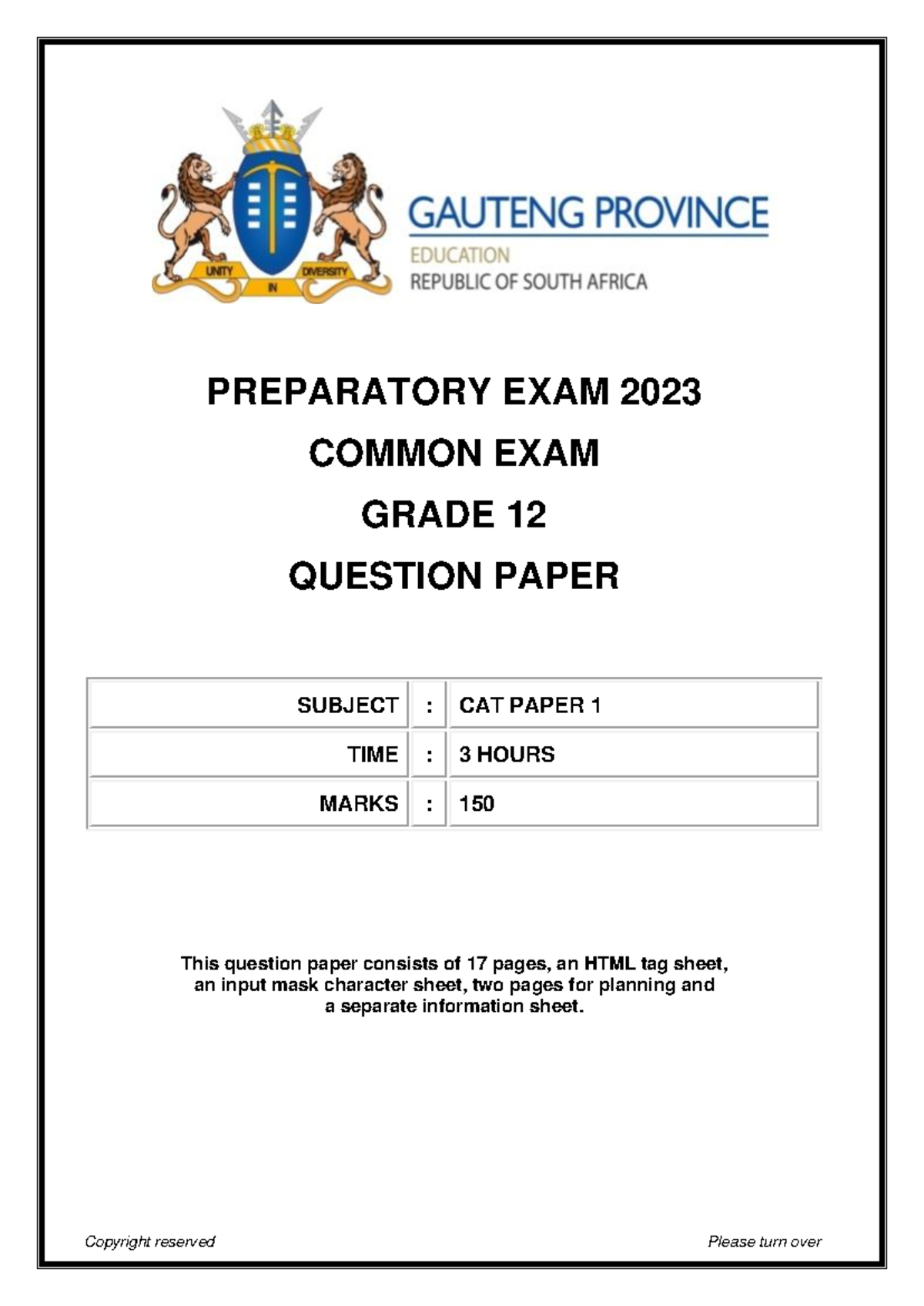 CAT Paper 1 Preparatory Exam 2023: Guide for Gauteng Grade 12 Students - Studocu