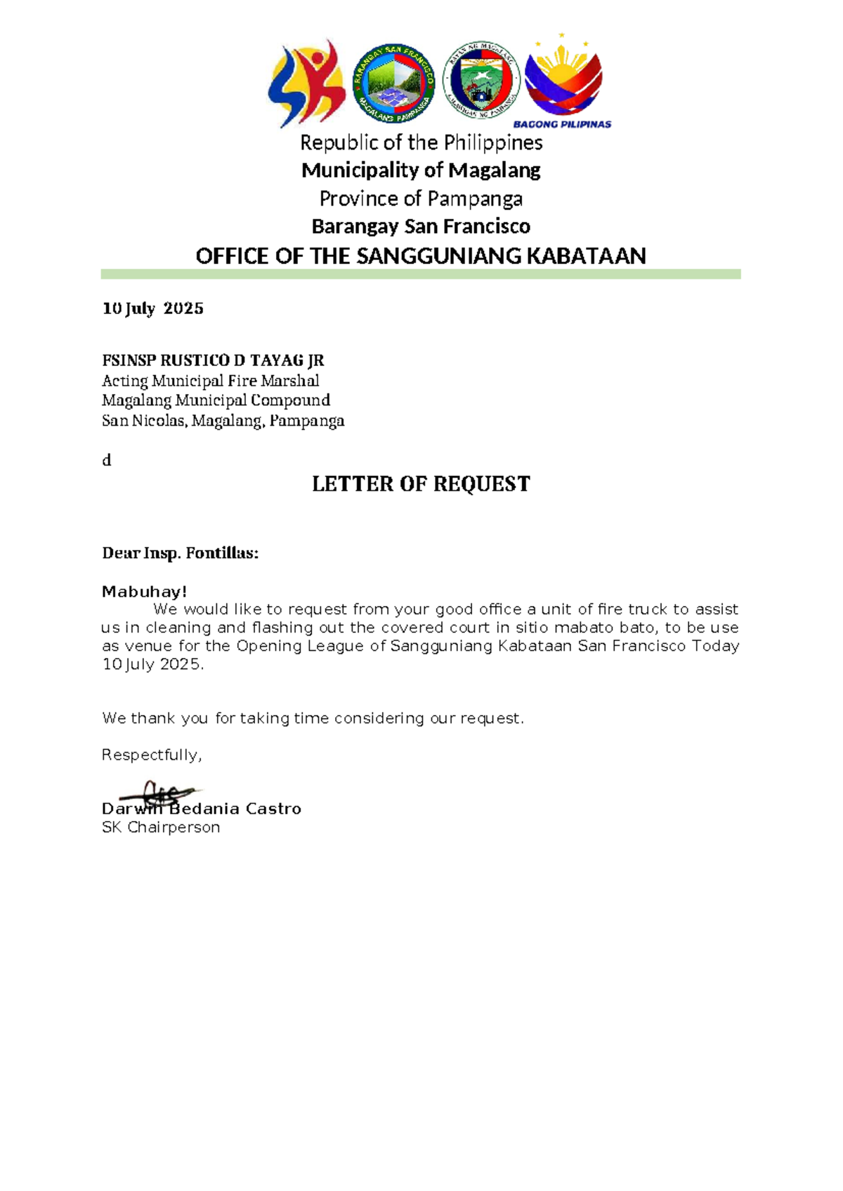 BFP Letter Request for Fire Truck Assistance - SK San Francisco - Studocu