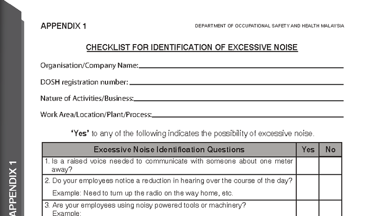 DOSH Checklist for Identifying Excessive Noise in the Workplace - Studocu