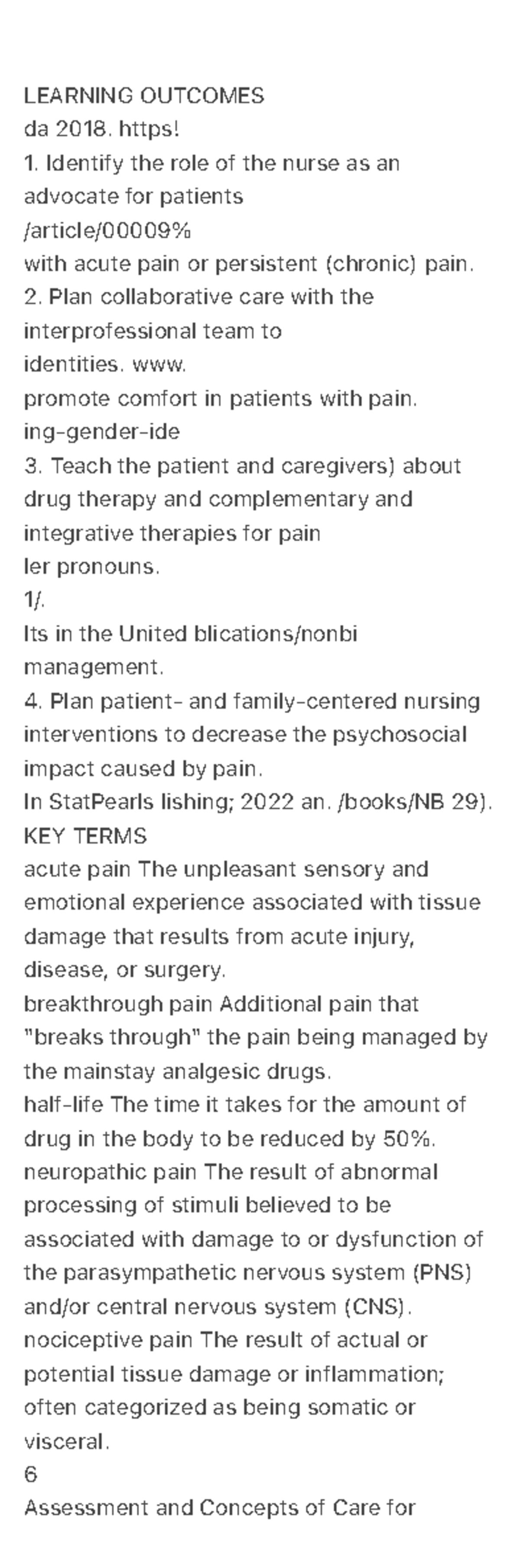 Assessment and Nursing Care Concepts for Patients with Pain (NURS 101 ...
